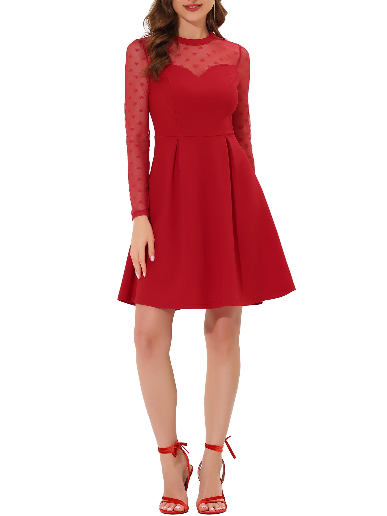 Allegra K Women's Mesh See Through Heart Sheer Sleeve Skater Party ...