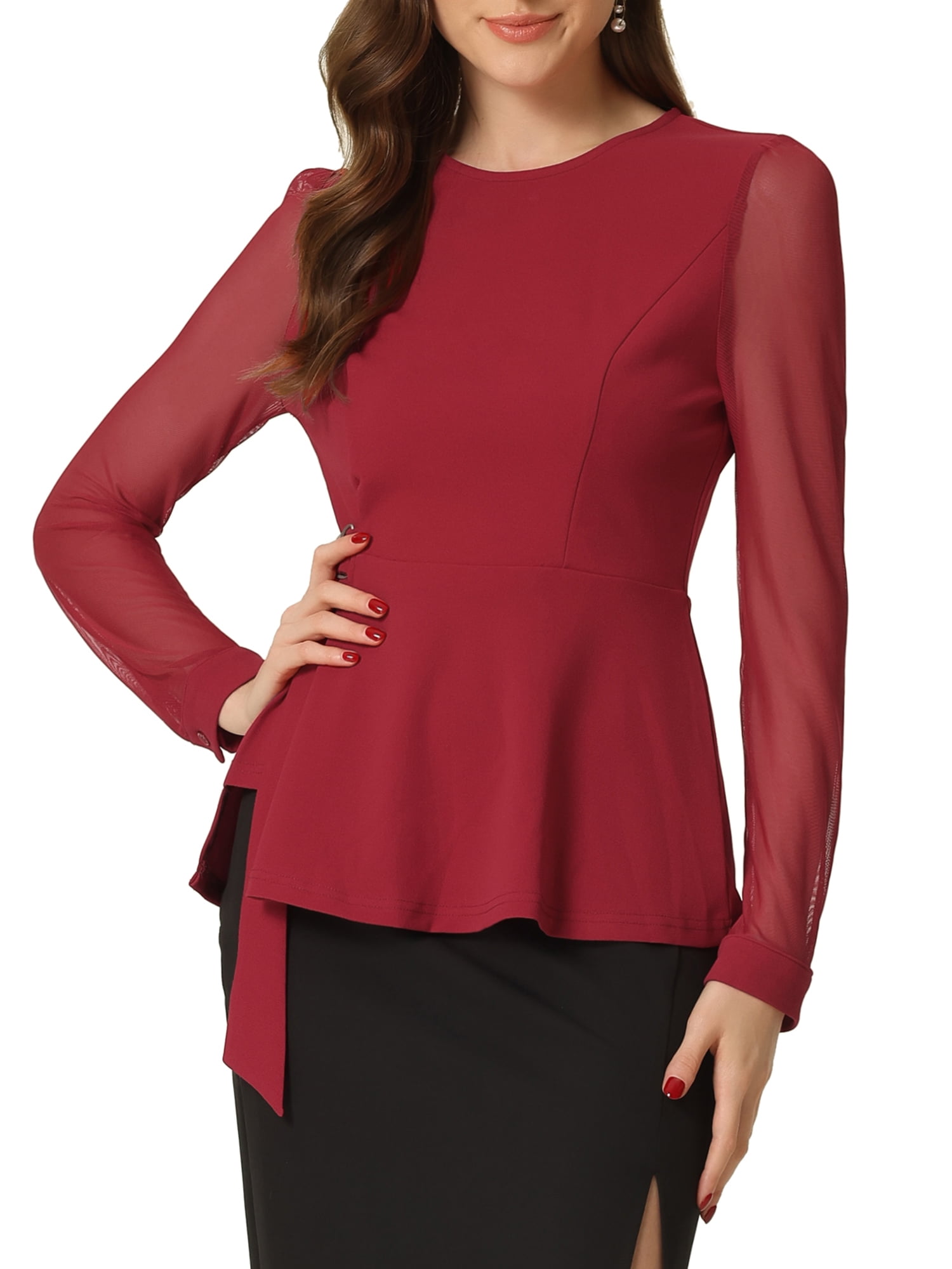 Allegra K Women's Mesh Sheer Long Sleeve Blouse Round Neck Belted Work ...