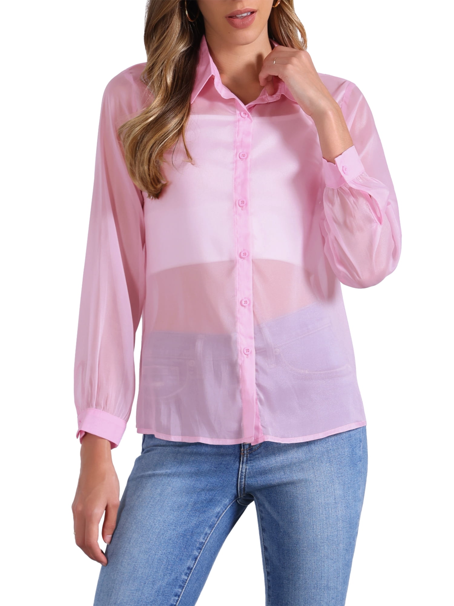 INSPIRE CHIC Women's Shirt Mesh Sheer Point Collar Long Sleeve Button ...