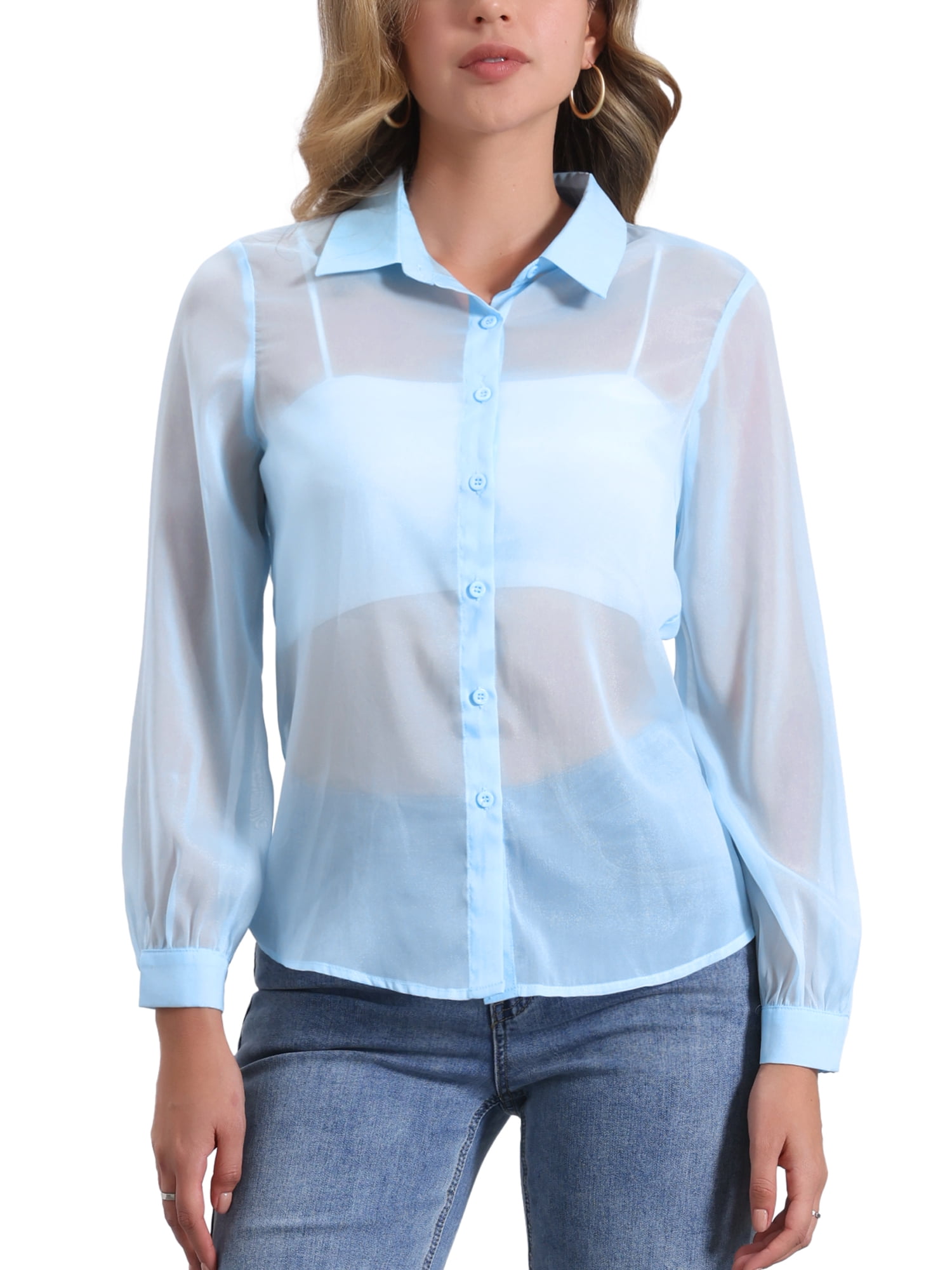 INSPIRE CHIC Women's Shirt Mesh Sheer Point Collar Long Sleeve Button ...