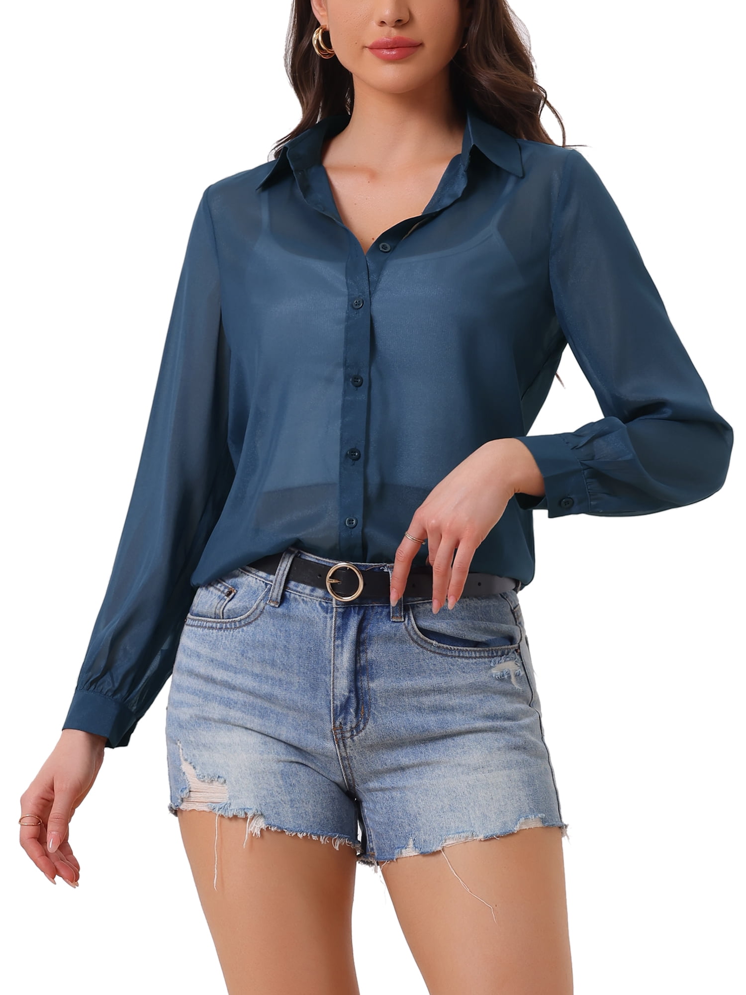 INSPIRE CHIC Women's Shirt Mesh Sheer Point Collar Long Sleeve Button ...