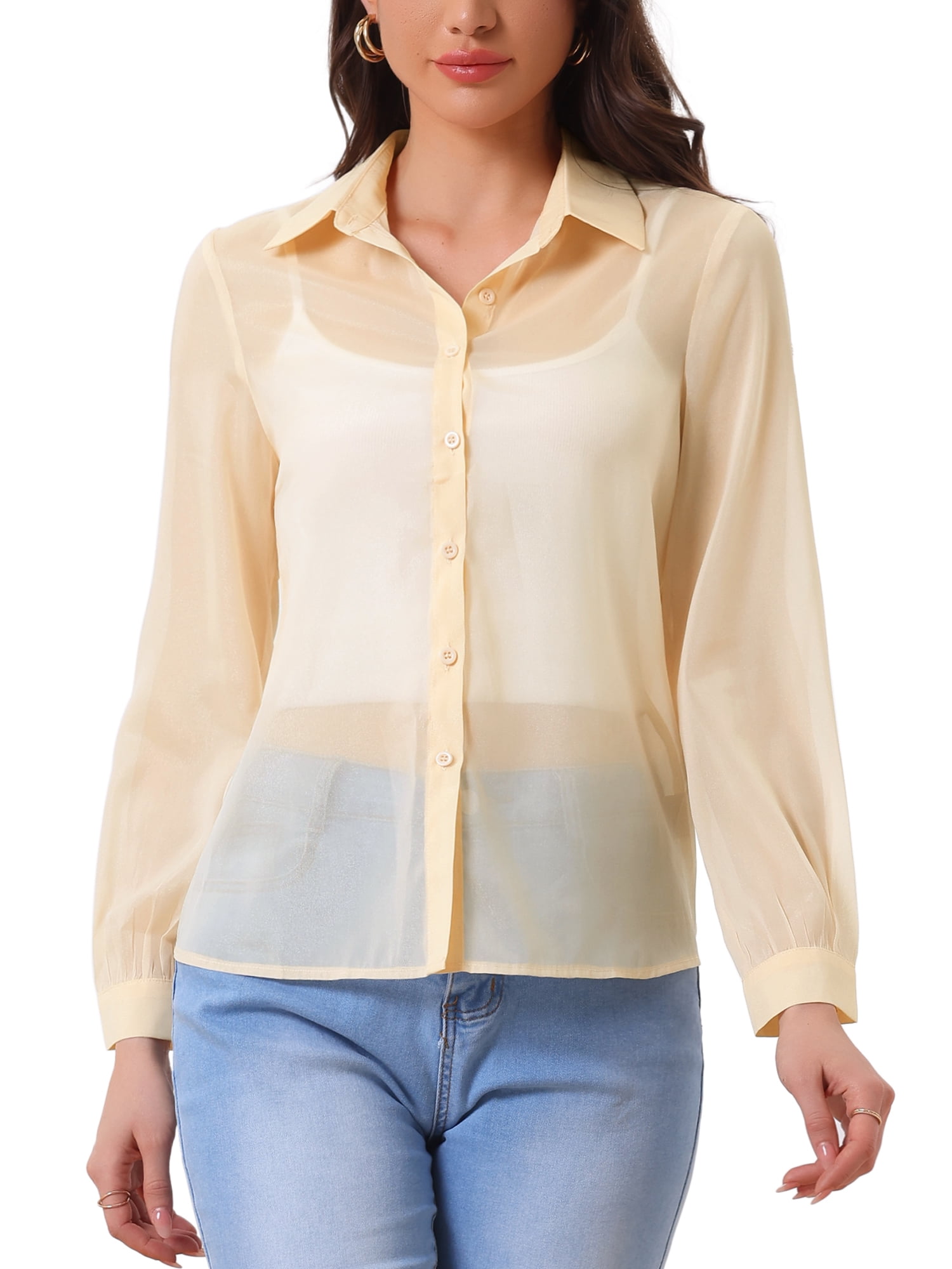 INSPIRE CHIC Women's Shirt Mesh Sheer Point Collar Long Sleeve Button ...