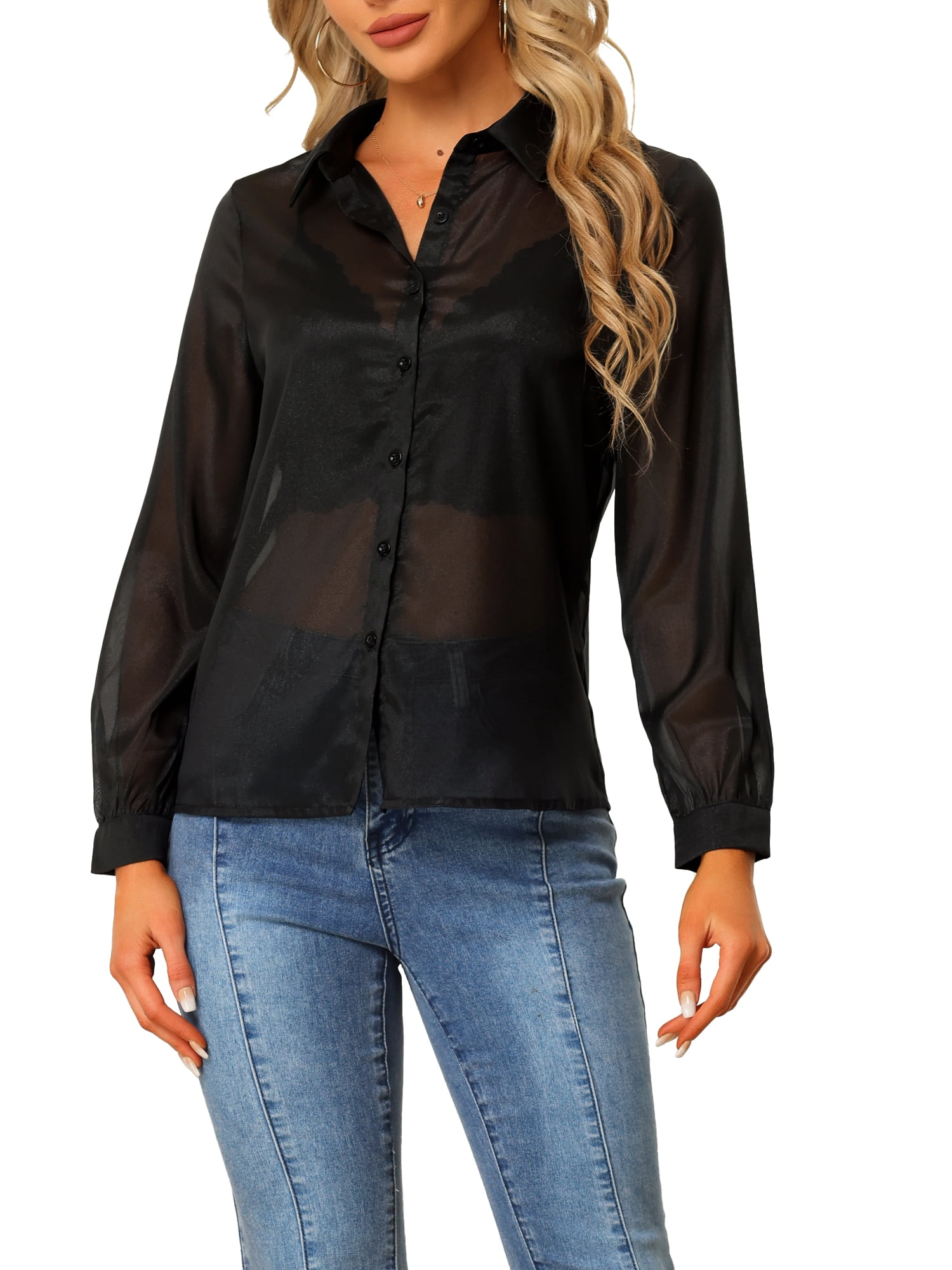 INSPIRE CHIC Women's Shirt Mesh Sheer Point Collar Long Sleeve Button ...