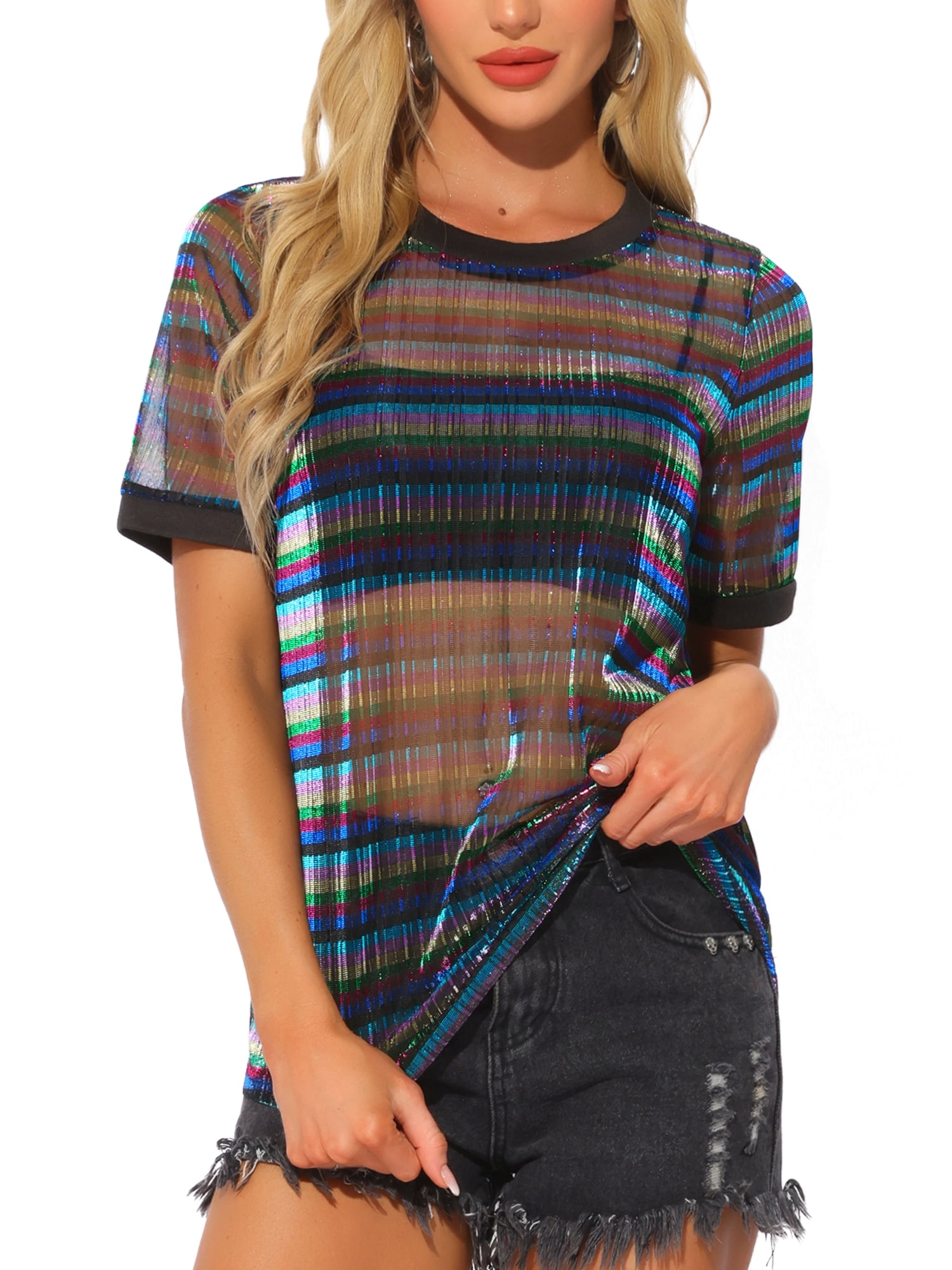 INSPIRE CHIC Women's Mesh T-Shirt Cover Up Party Short Sleeve See ...