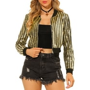 Allegra K Women's Sequin Sparkle Zipper Cropped Bomber Jacket - Walmart.com