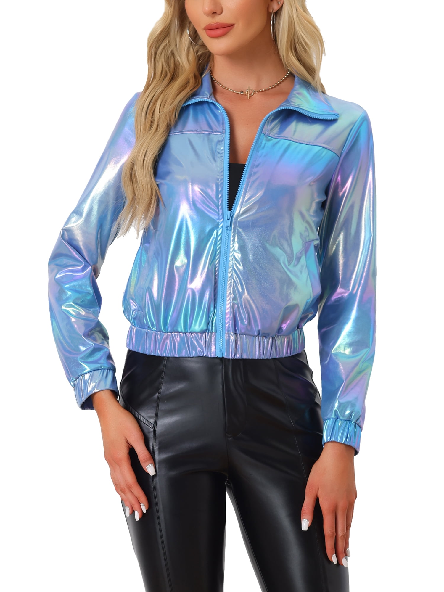 INSPIRE CHIC Women's Metallic Shiny Long Sleeve Zip Front Short Track ...
