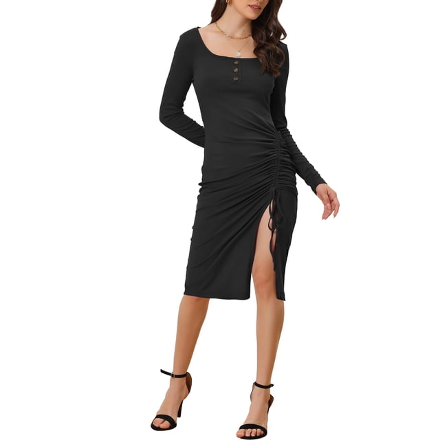 INSPIRE CHIC Women's Midi Drawstring Ruched Front Square Neck Long ...