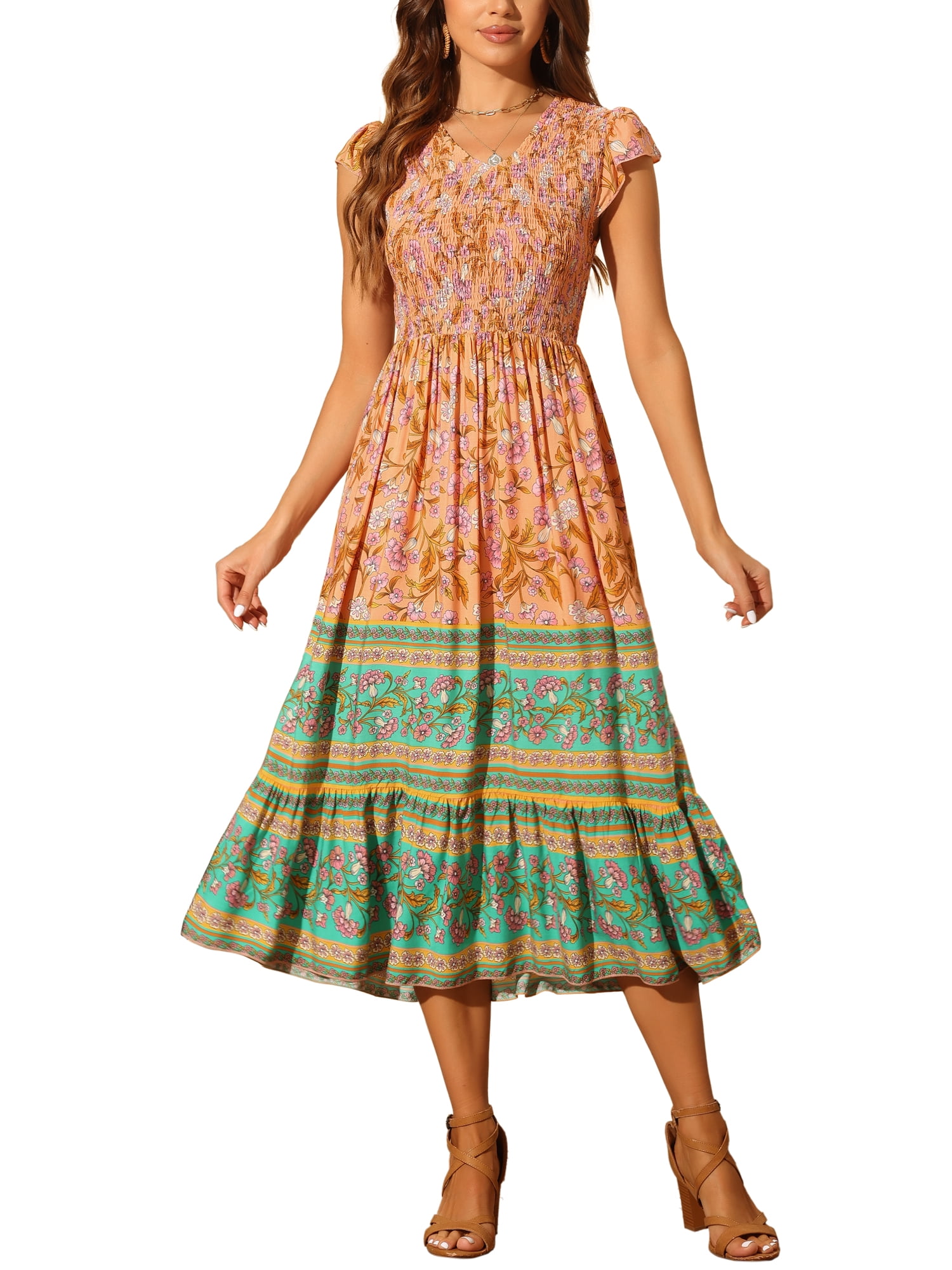 Allegra K Women's Midi Ruffled Flutter Sleeve Smocked Boho Floral Dress - Walmart.com