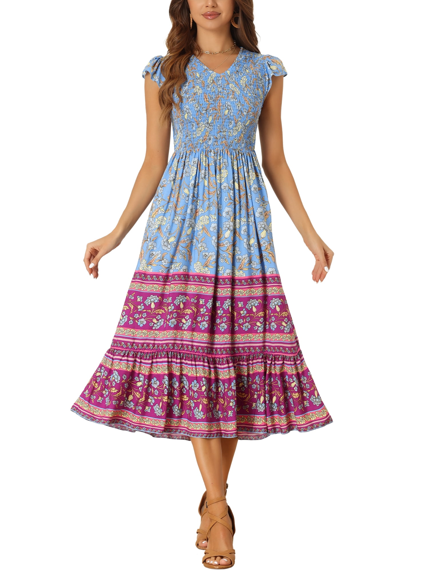 Allegra K Women's Midi Ruffled Flutter Sleeve Smocked Boho Floral Dress - Walmart.com