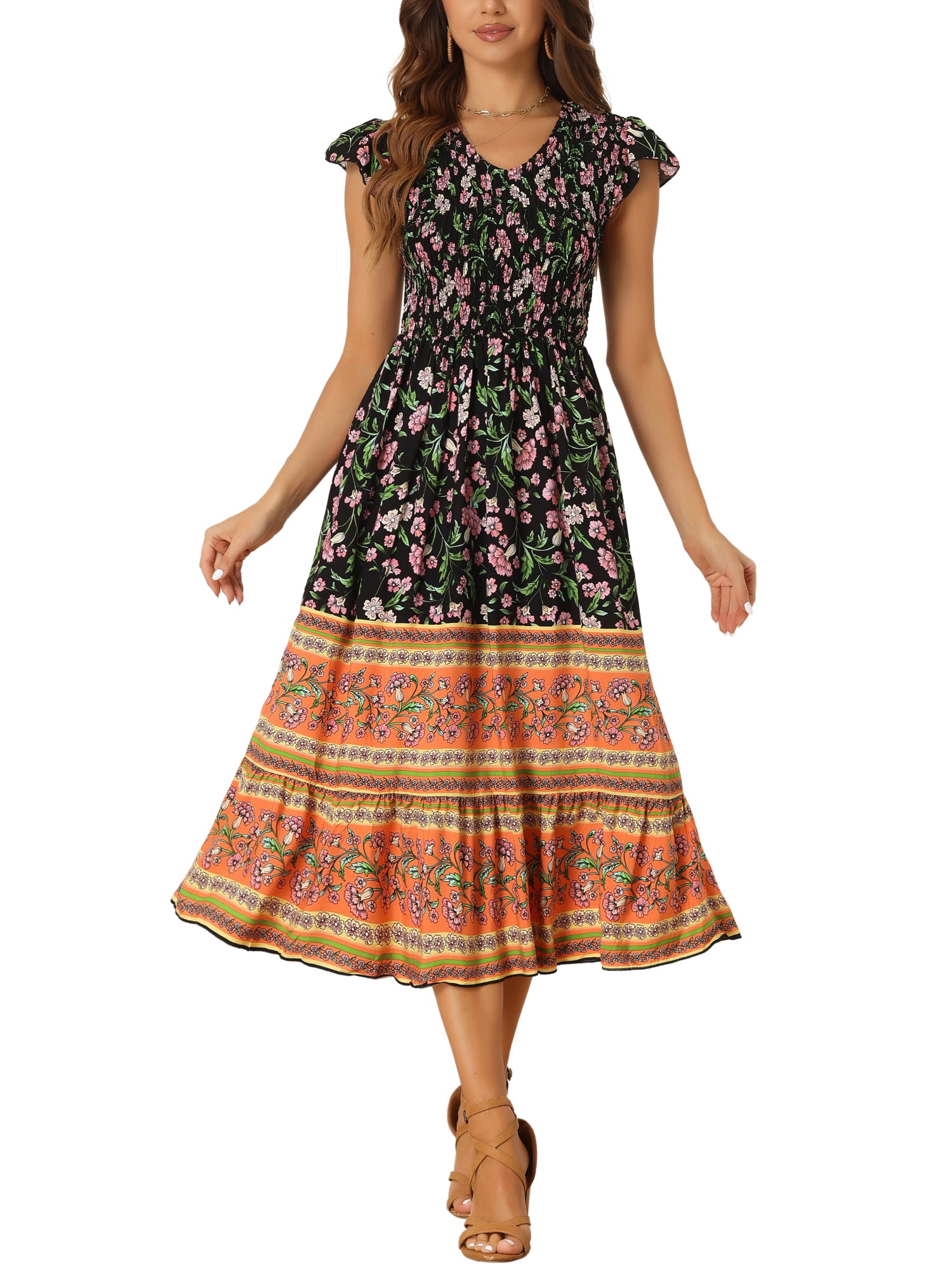 Allegra K Women's Midi Ruffled Flutter Sleeve Smocked Boho Floral Dress - Walmart.com