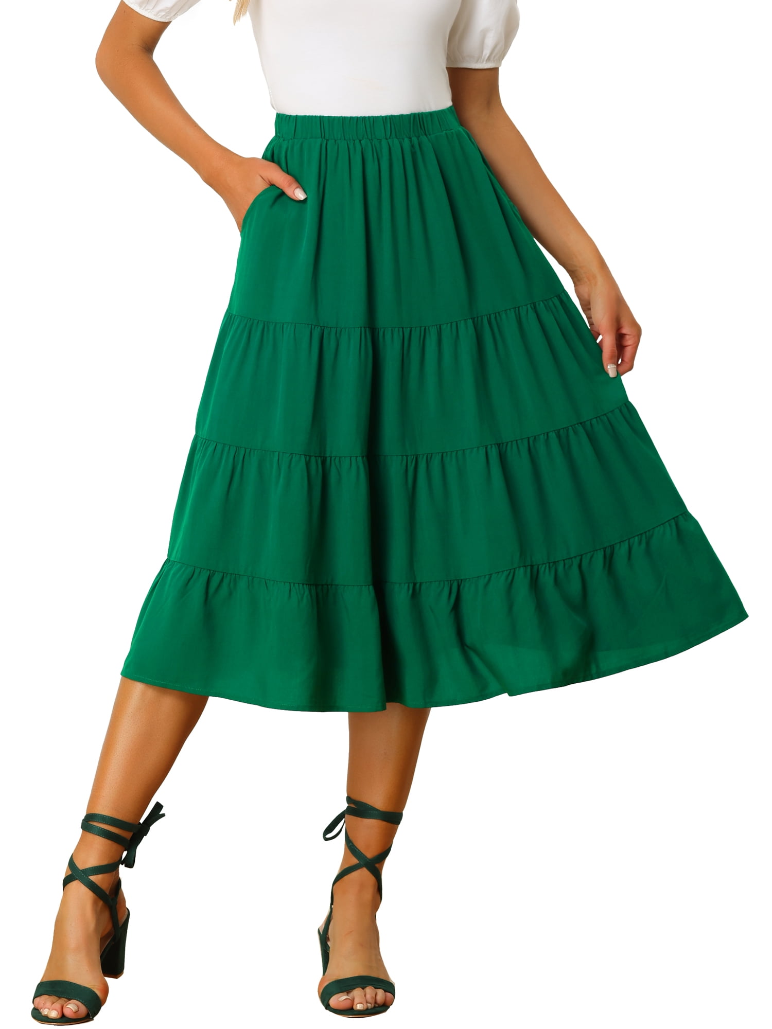 INSPIRE CHIC Women's Midi Skirts Solid Elastic Waist Flare A-Line ...