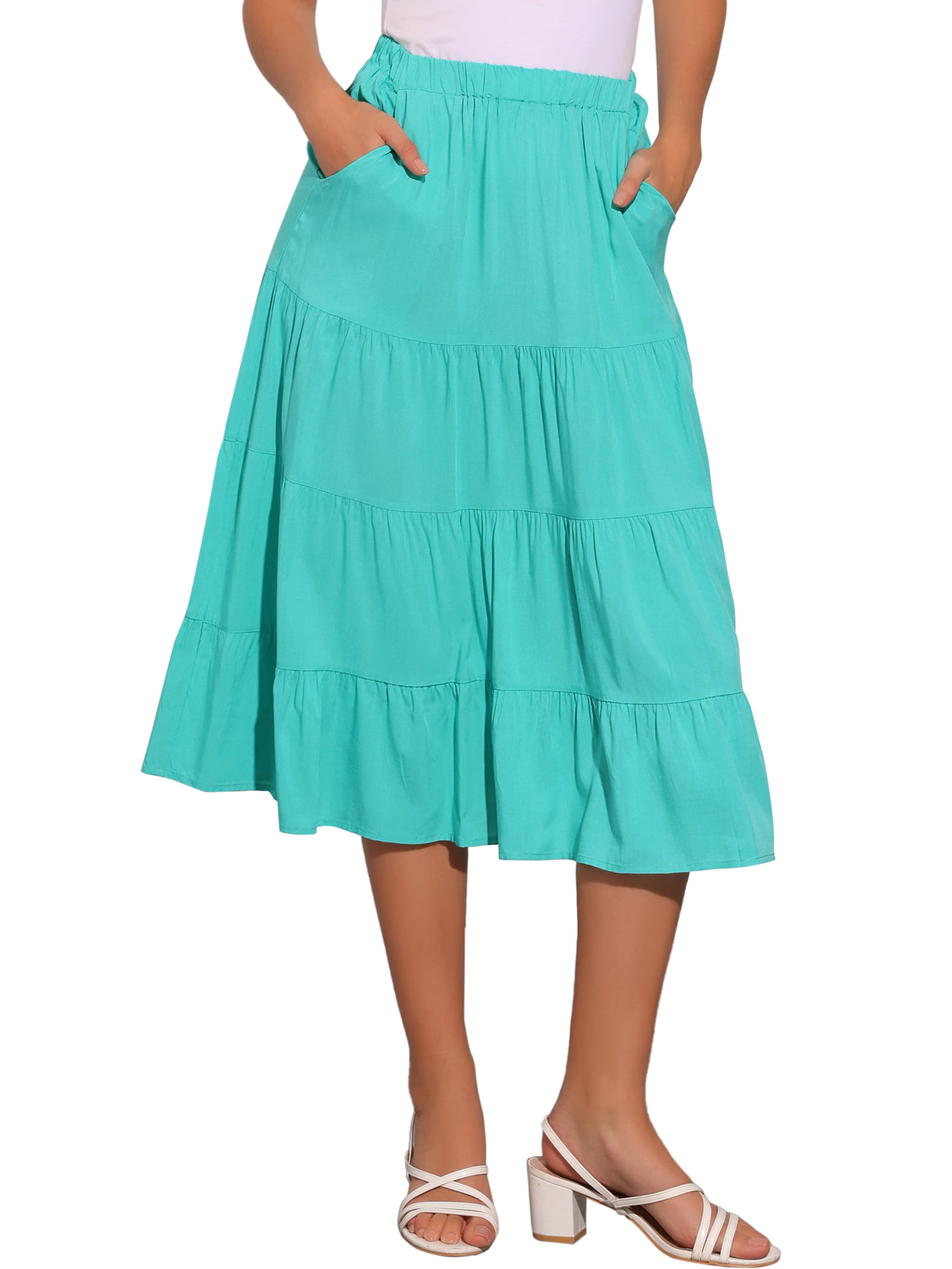 INSPIRE CHIC Women's Midi Skirts Solid Elastic Waist Flare A-Line ...