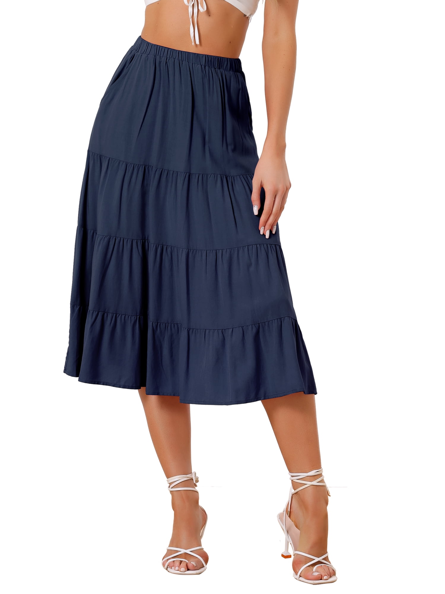 INSPIRE CHIC Women's Midi Skirts Solid Elastic Waist Flare A-Line ...