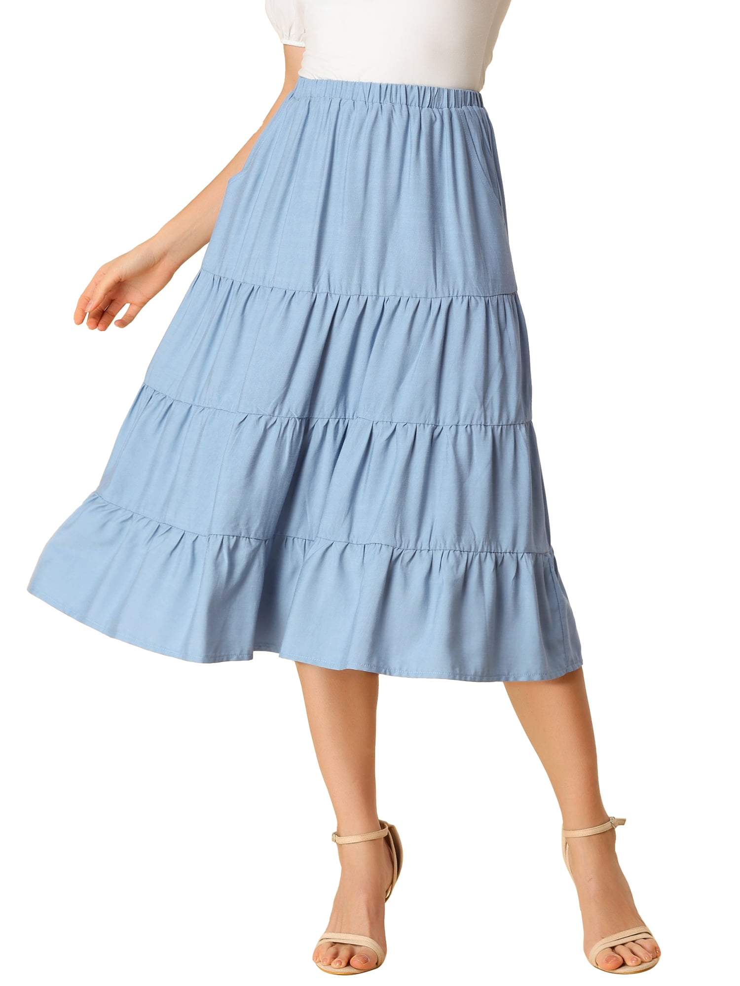 INSPIRE CHIC Women's Midi Skirts Solid Elastic Waist Flare A-Line ...