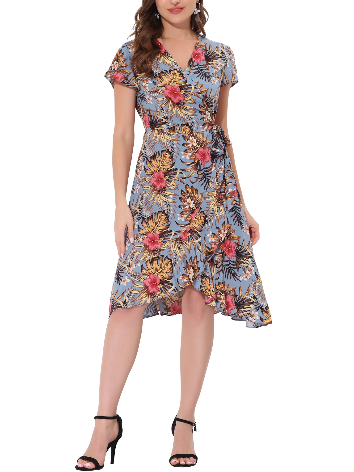 INSPIRE CHIC Women's Midi Wrap Summer Tropical Floral Dress - Walmart.com