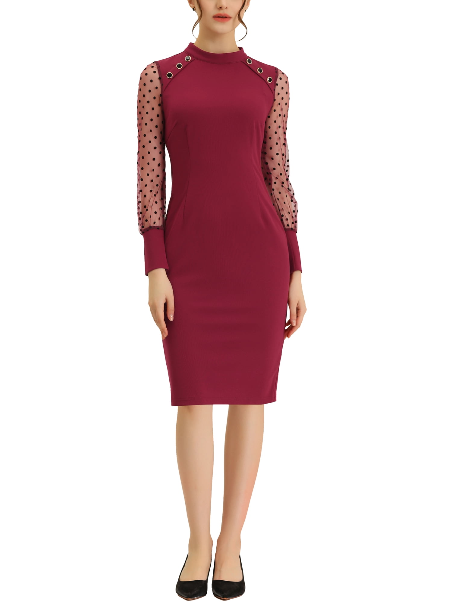 Allegra K Women's Mock Neck Mesh Dots Long Sleeve Button Decor Sheath ...