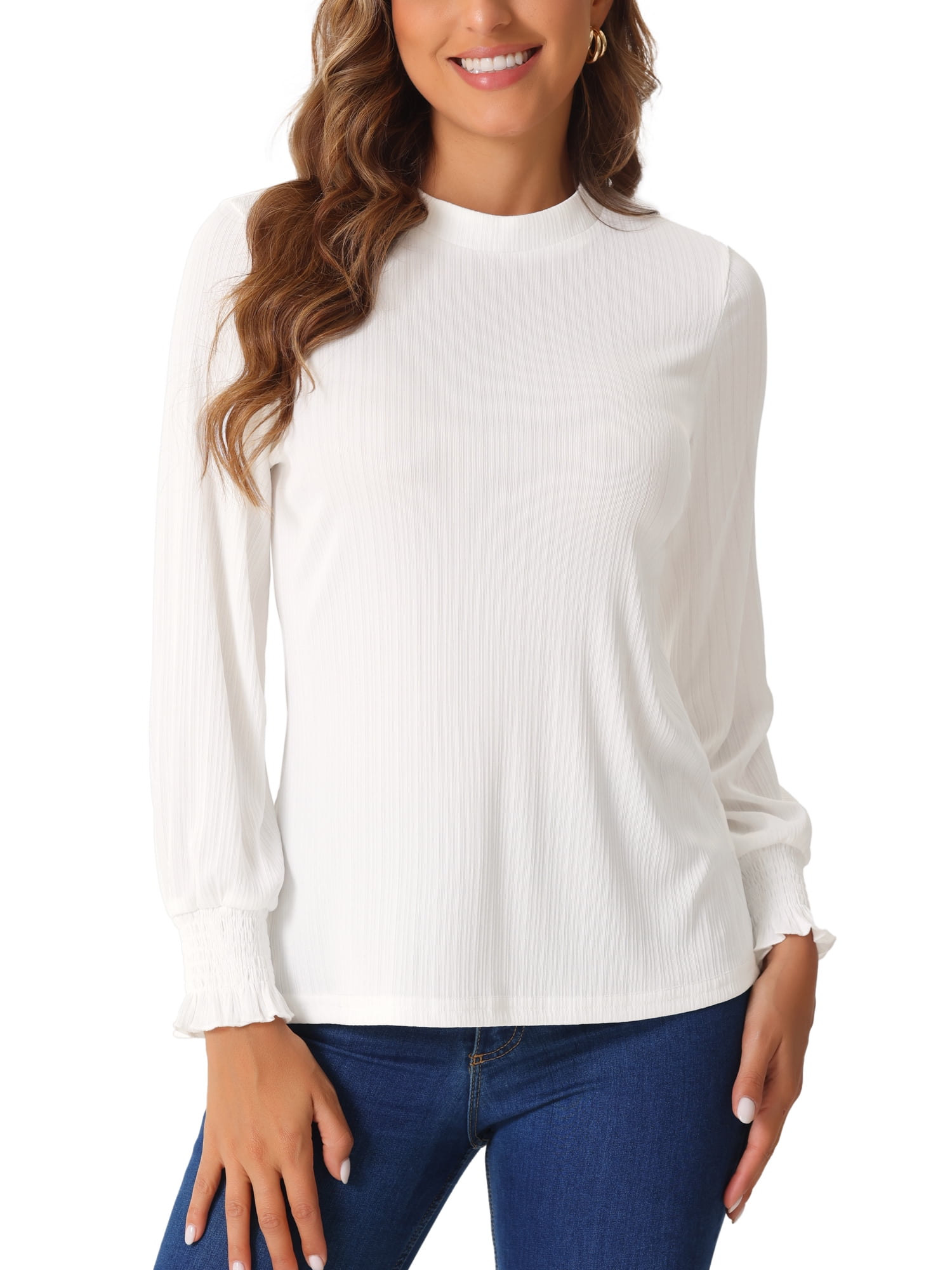 INSPIRE CHIC Women's Mock Neck Ribbed Knit Smocked Ruffle Cuff Lantern ...