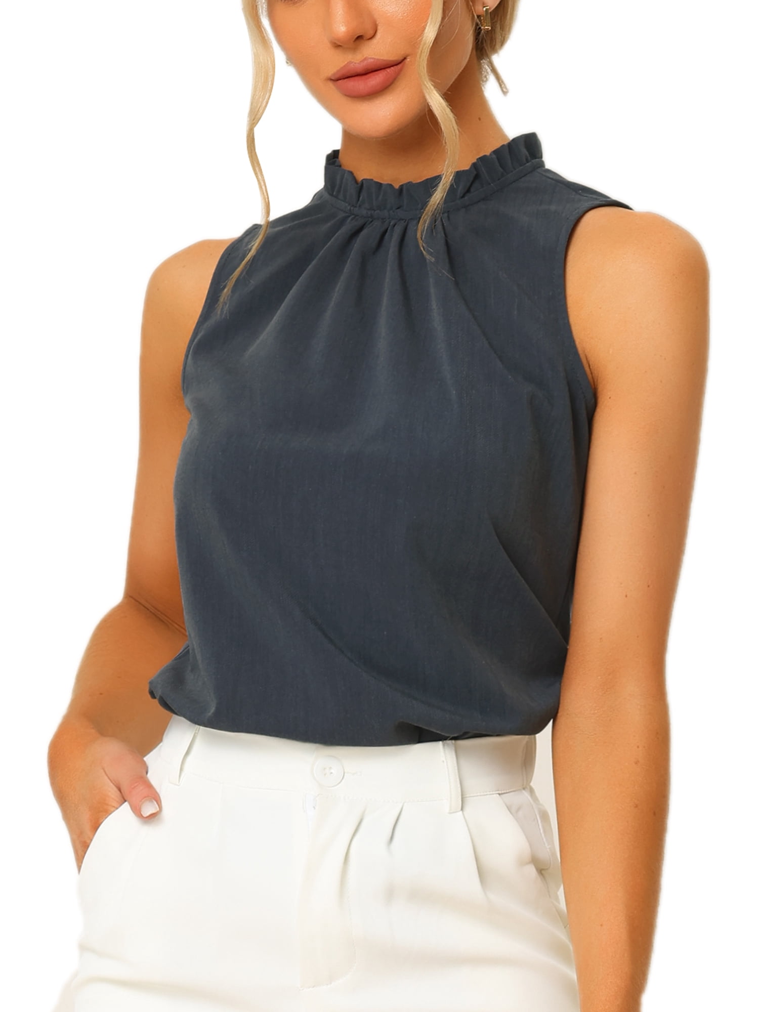 Allegra K Women's Mock Neck Ruffle Sleeveless Casual Blouse Tops XL ...