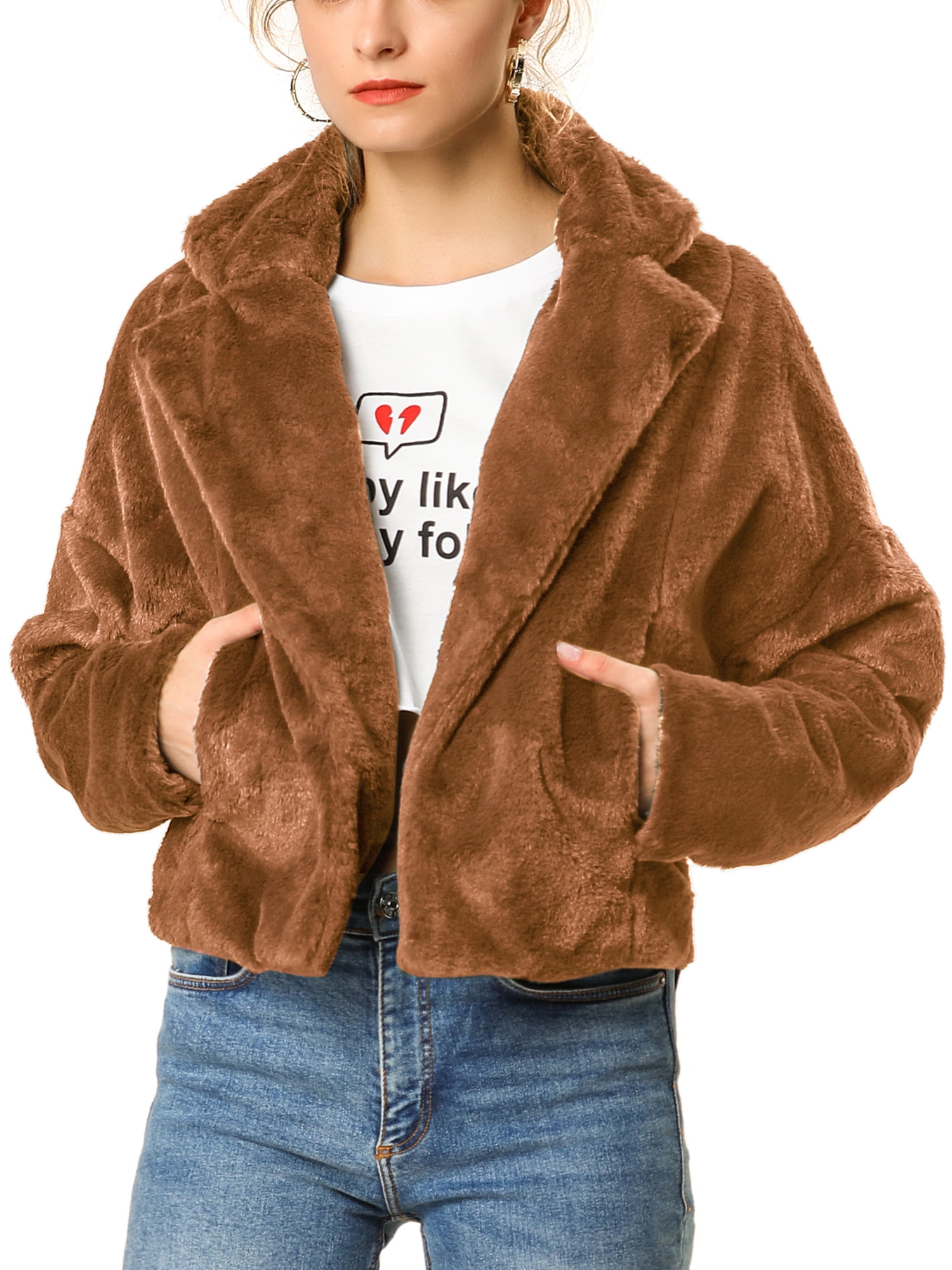 INSPIRE CHIC Women's Notch Collar Long Sleeve Open Front Faux Fur ...