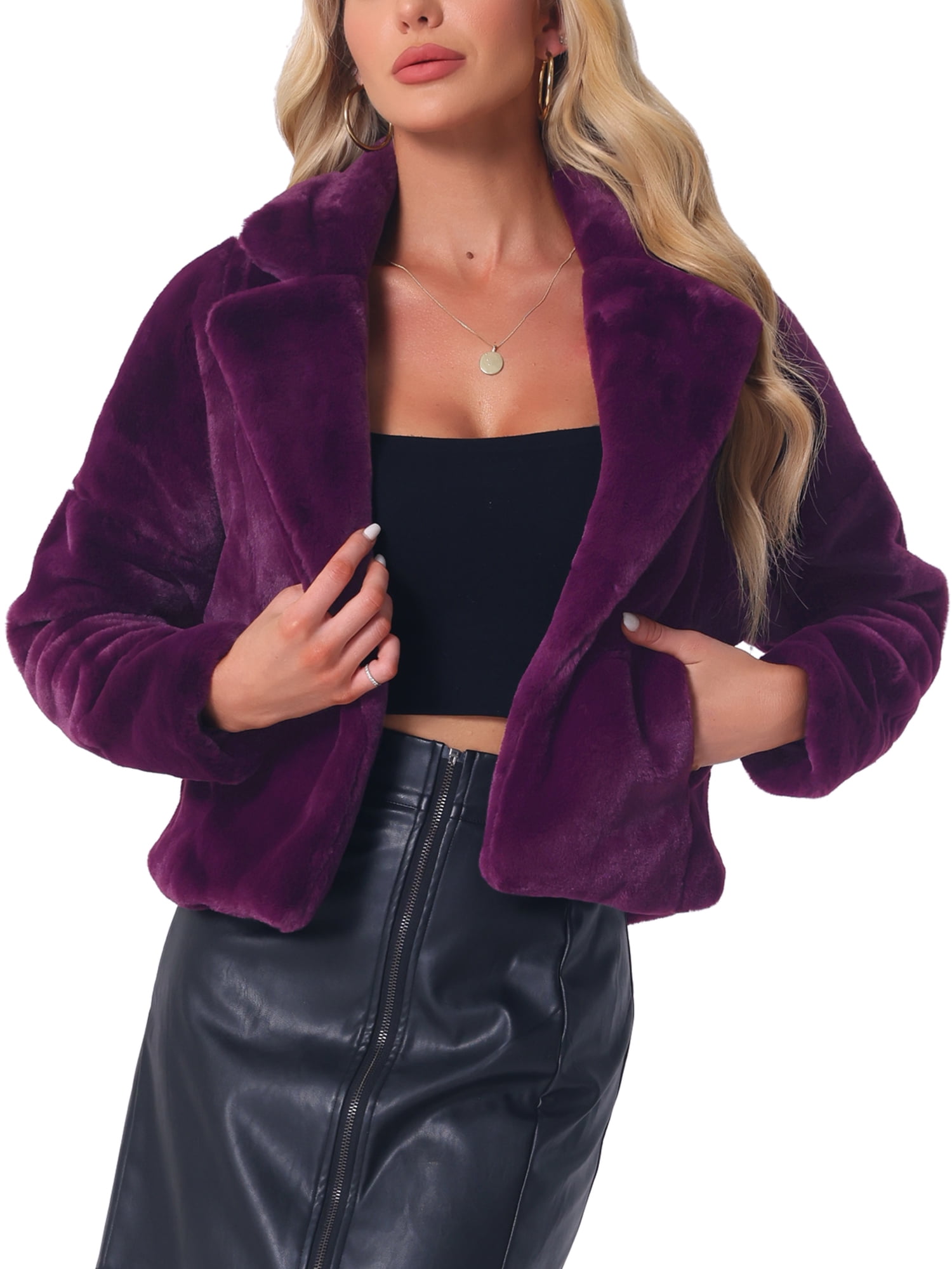 INSPIRE CHIC Women's Notch Collar Long Sleeve Open Front Faux Fur Fluffy Cropped Jacket M Grape ...