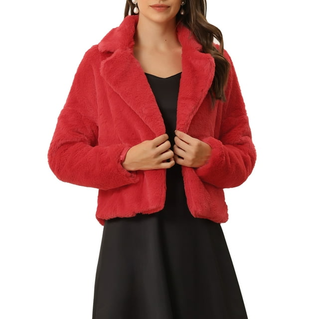 Allegra K Women's Notch Collar Long Sleeve Open Front Faux Fur Fluffy Cropped Jacket - Walmart.com