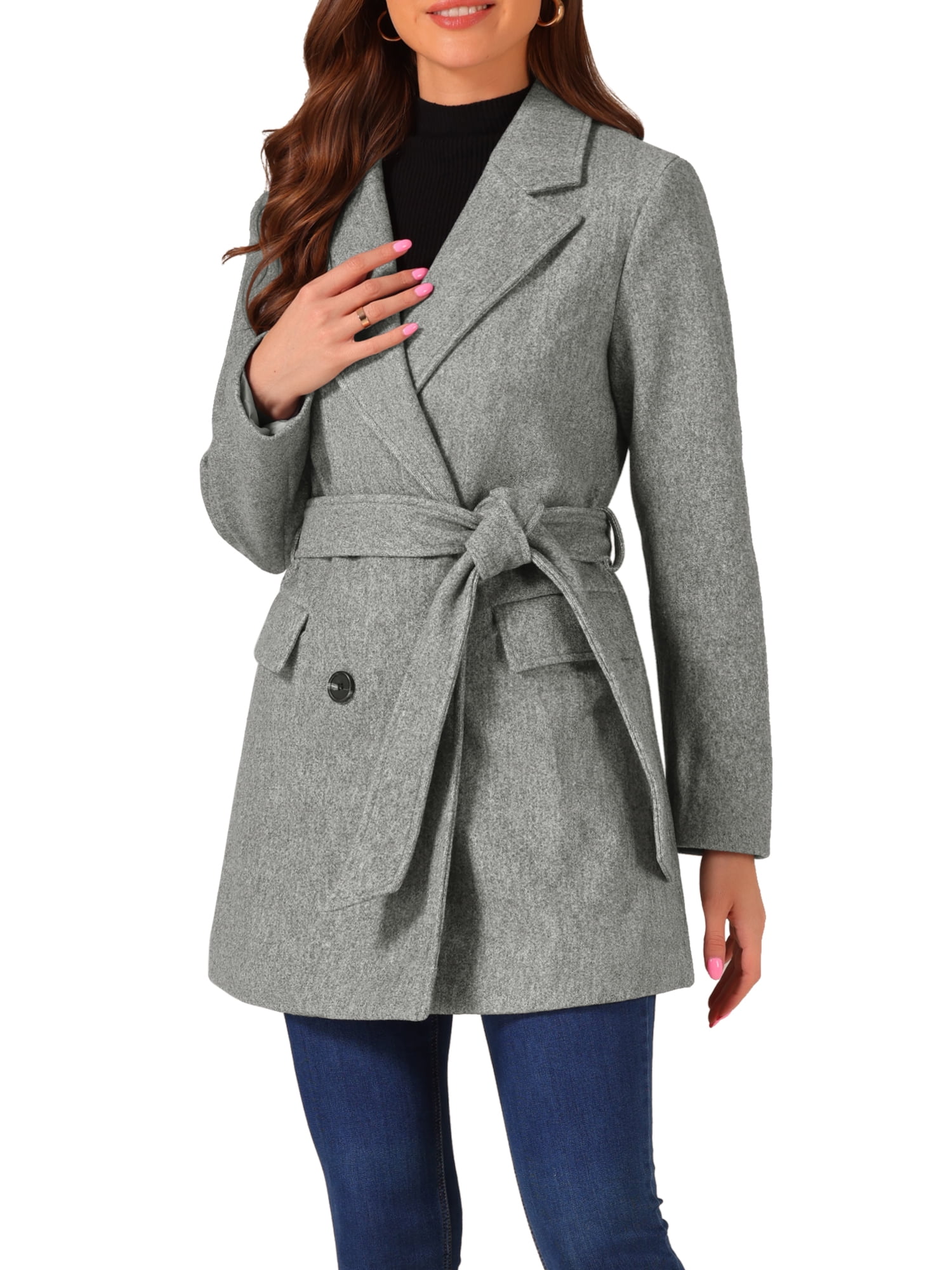 INSPIRE CHIC Women's Notch Lapel Double Breasted Belted Mid Length ...