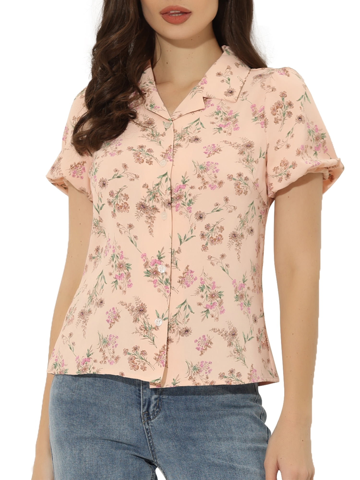 INSPIRE CHIC Women's Notched Lapel Button Up Short Sleeve Floral Shirt ...