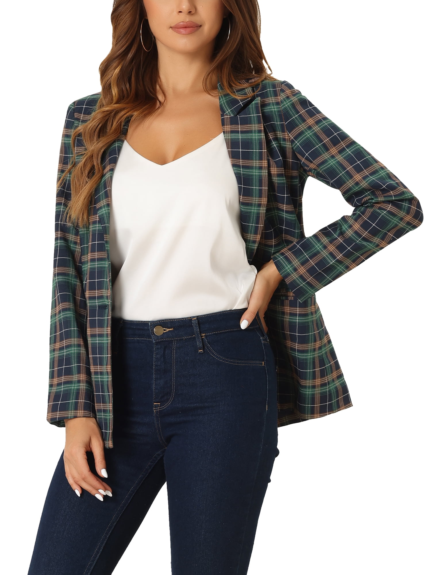 INSPIRE CHIC Women's Blazers Notched Lapel Long Sleeve One Button Plaid ...