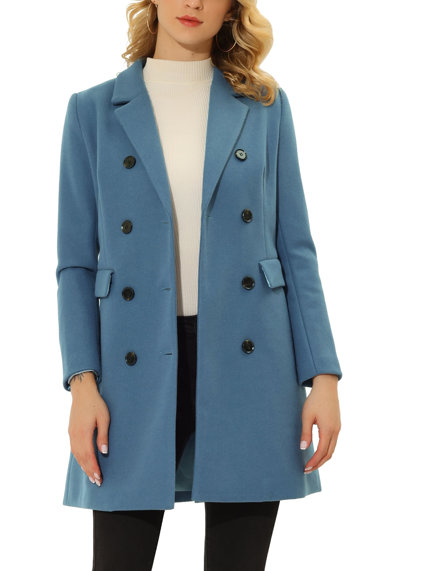 Allegra K Women's Notched Lapel Double Breasted Back Vent Longline ...