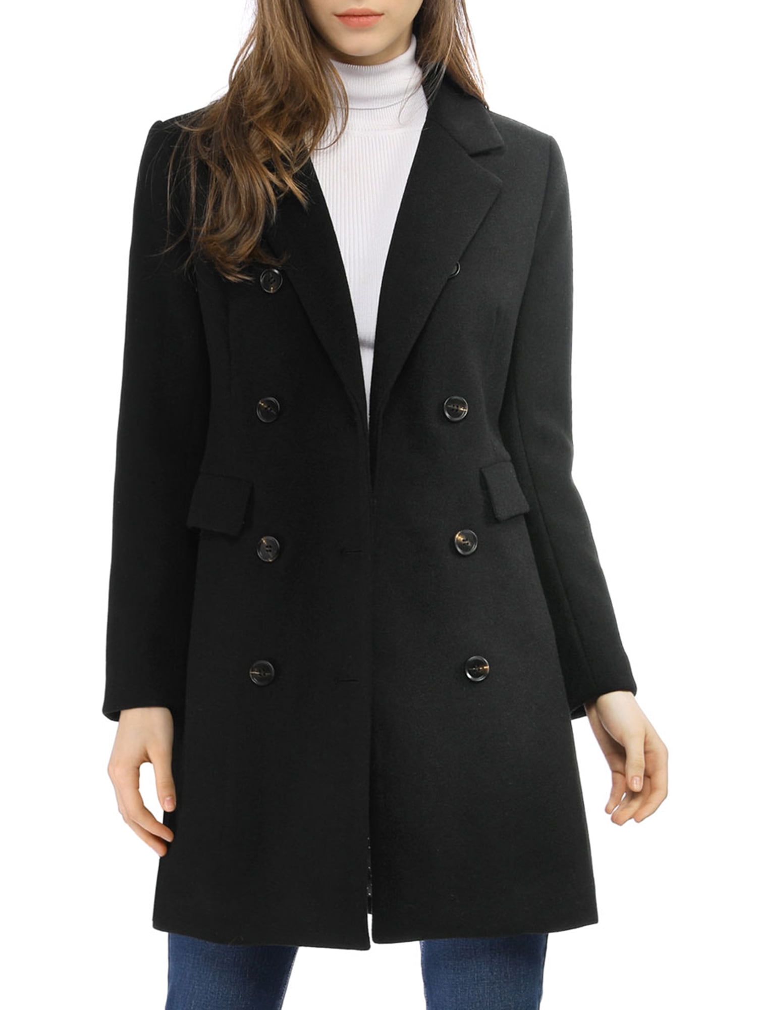 Allegra K Women's Notched Lapel Double Breasted Back Vent Longline ...