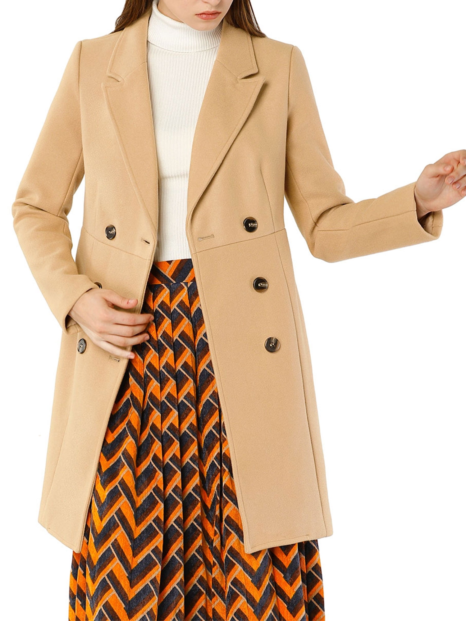 Allegra K Women's Notched Lapel Double Breasted Winter Long Trenchcoat ...