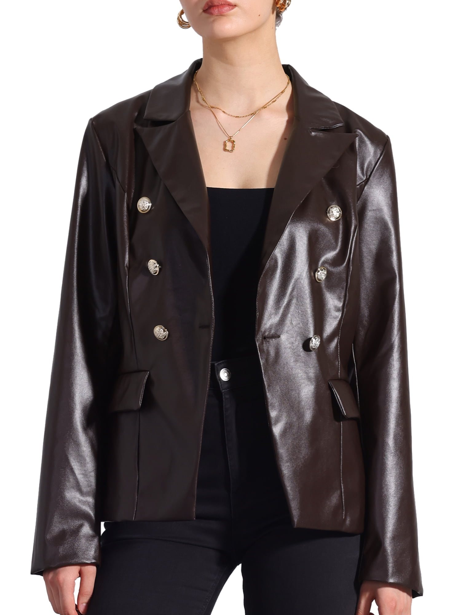 INSPIRE CHIC Women's Notched Lapel Faux Leather Blazer Double Breasted ...