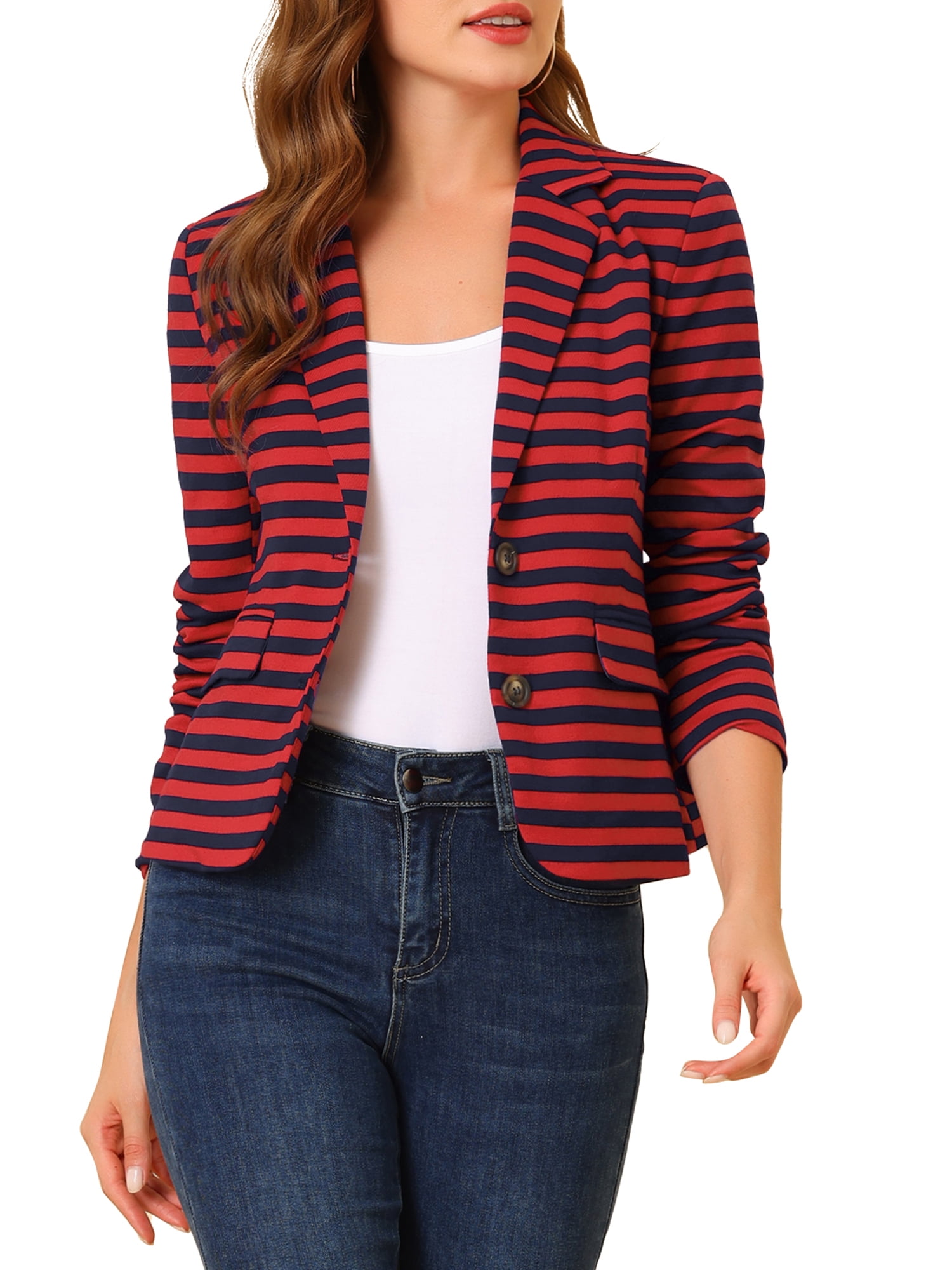INSPIRE CHIC Women's Notched Lapel Long Sleeves Button Striped Blazer M ...