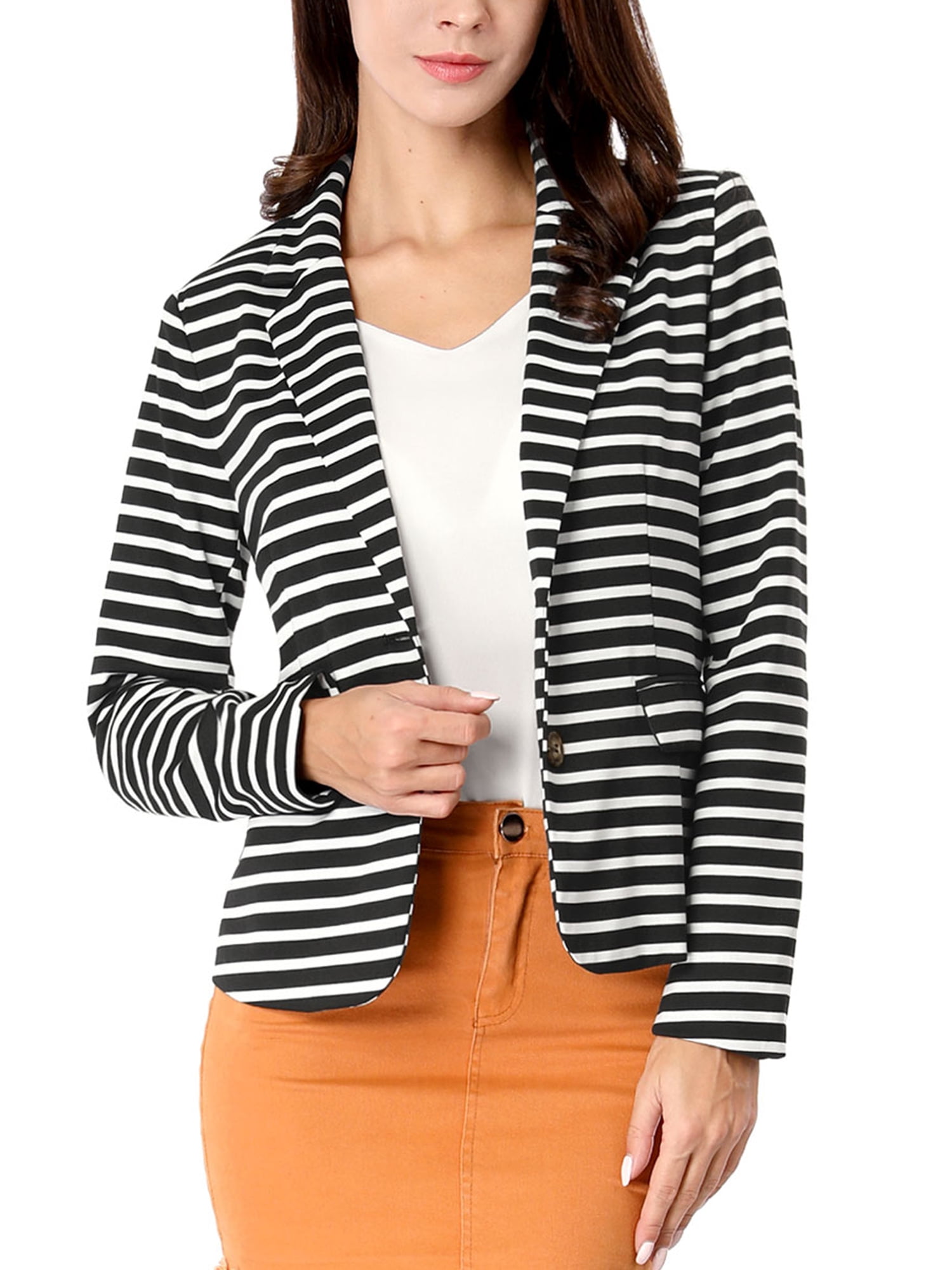Allegra K Women's Notched Lapel Long Sleeves Button Striped Blazer XL ...