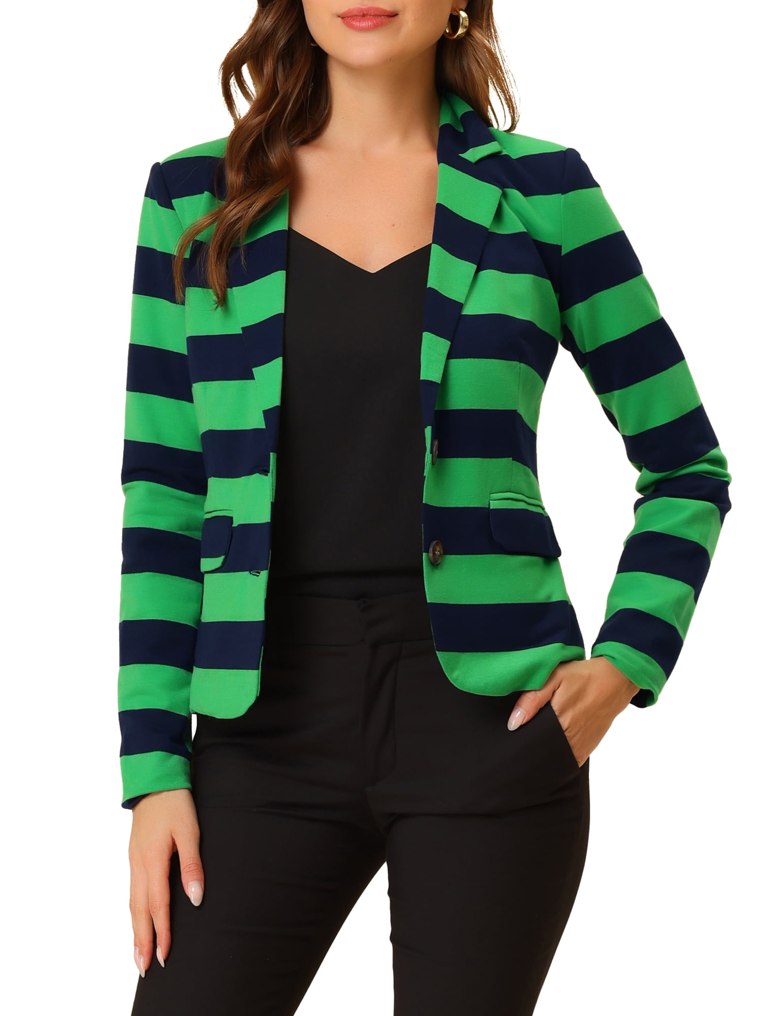 INSPIRE CHIC Women's Notched Lapel Long Sleeves Button Striped Blazer ...
