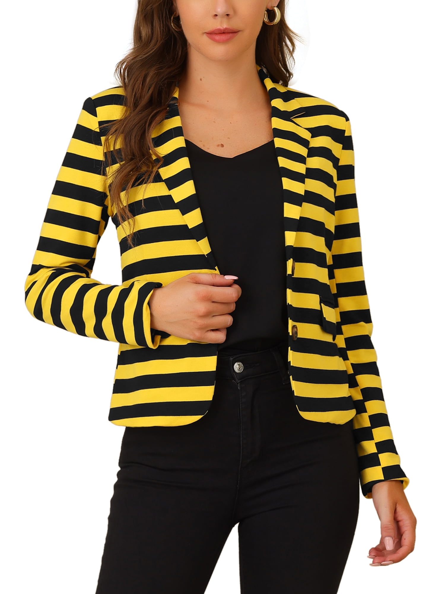 INSPIRE CHIC Women's Notched Lapel Long Sleeves Button Striped Blazer ...