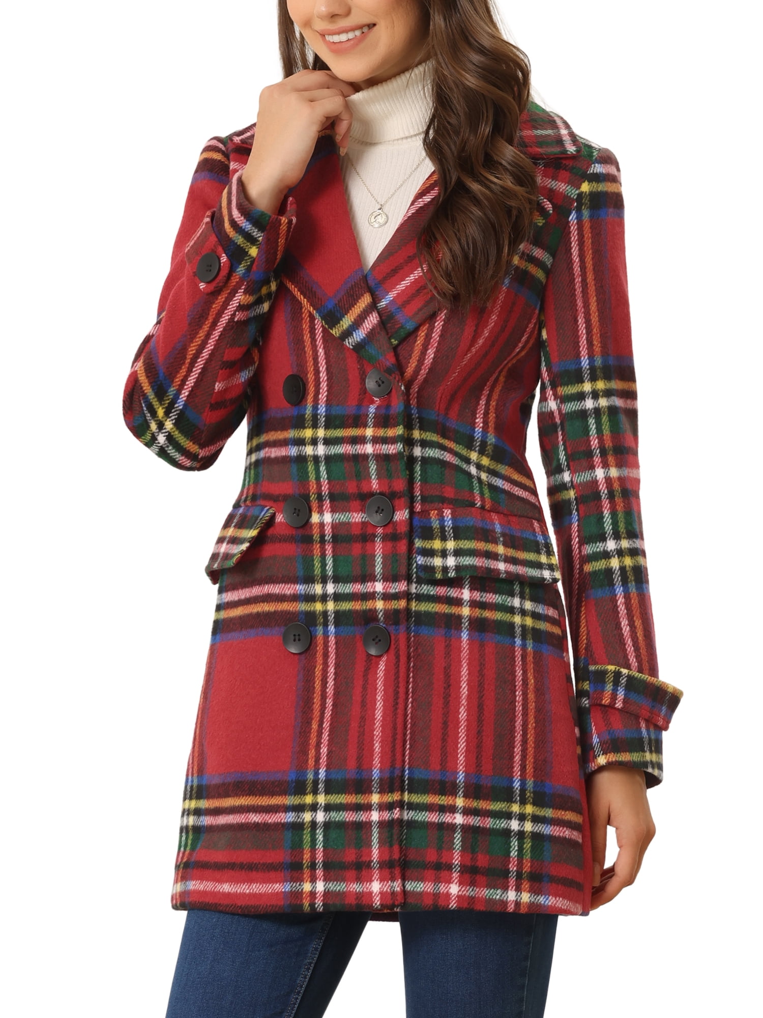 INSPIRE CHIC Women's Notched Lapel Long Sleeves Double Breasted Plaids ...