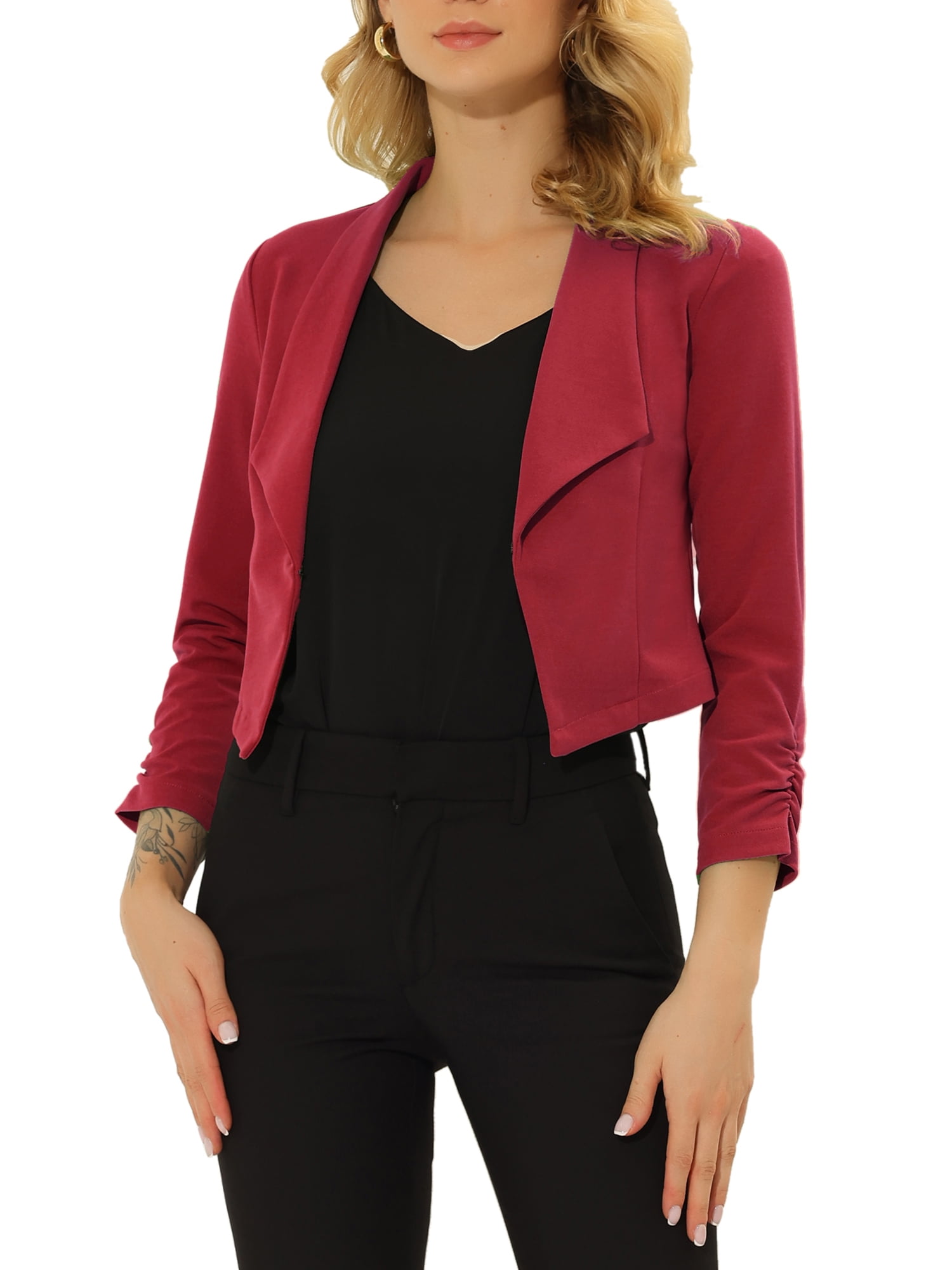 Allegra K Women's Notched Lapel Ruched Sleeve Jackets Business Cropped ...