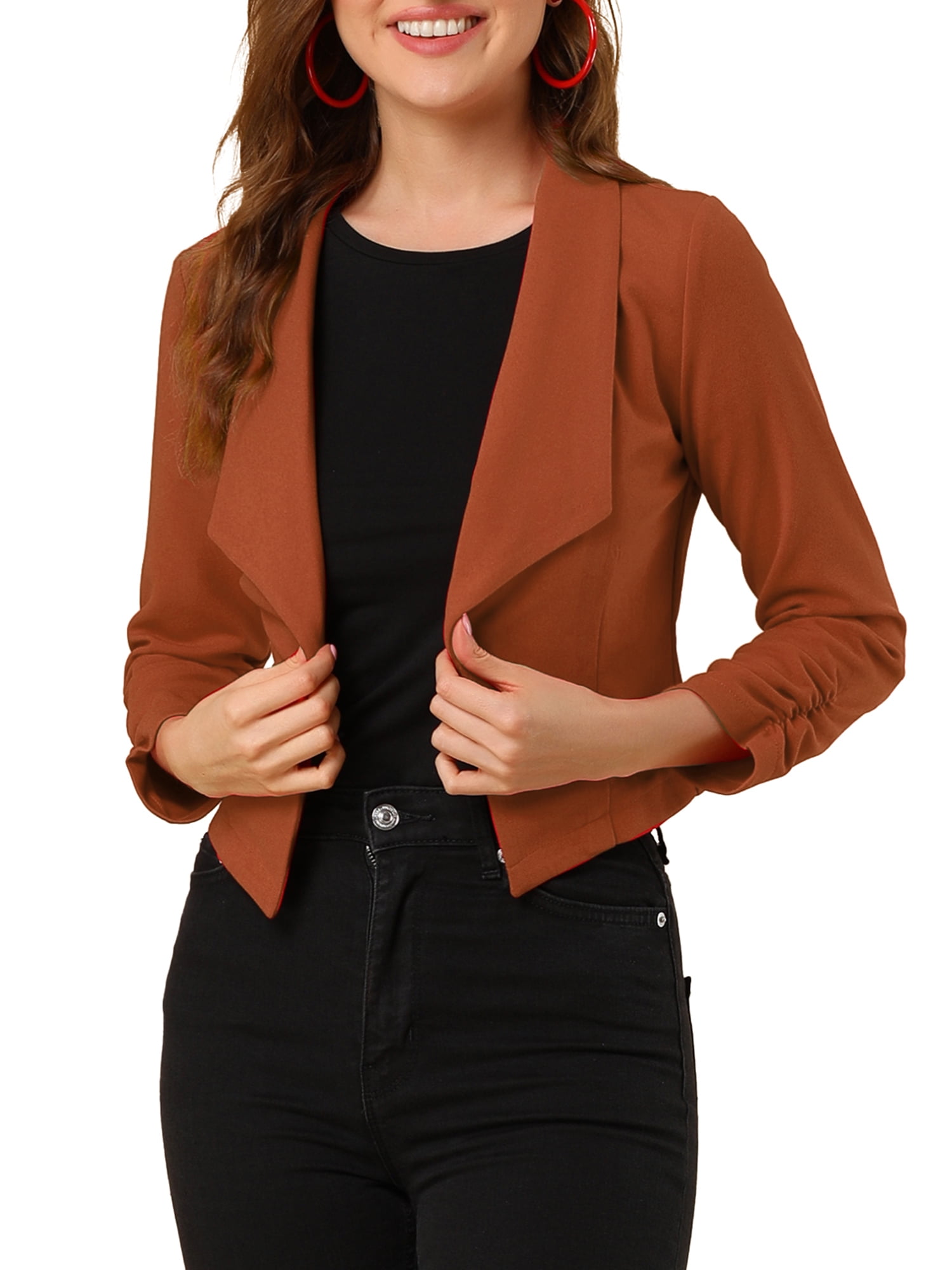 Allegra K Women's Notched Lapel Ruched Sleeve Jackets Business Cropped ...