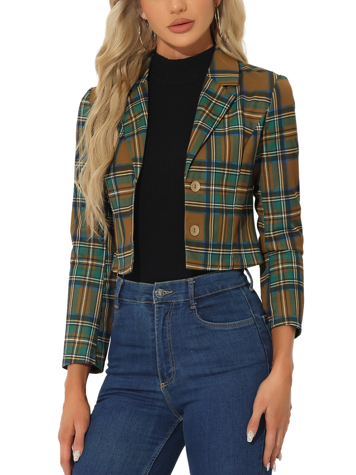 INSPIRE CHIC Women's Notched Lapel Stretch Plaid Tartan Crop Blazer ...