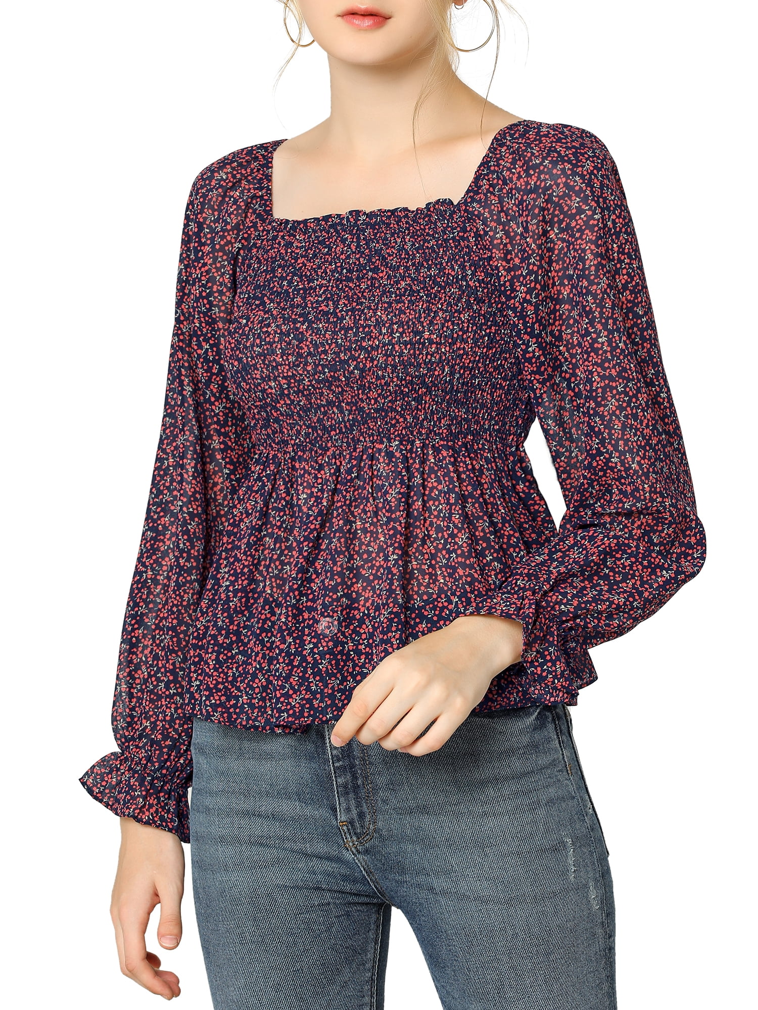 INSPIRE CHIC Women's Off Shoulder Long Bell Sleeve Floral Print Smocked ...