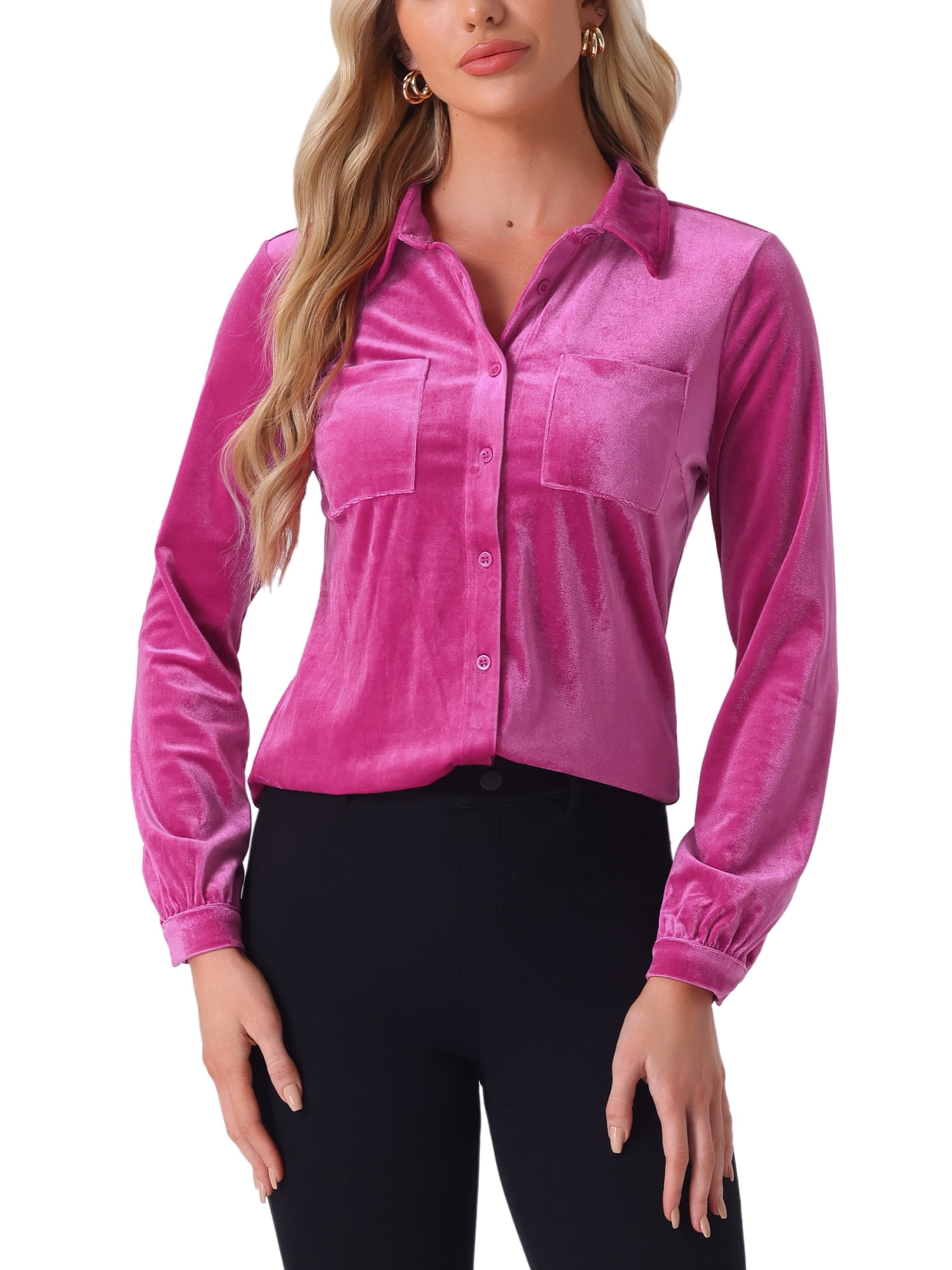 INSPIRE CHIC Women's Office Pocket Front Long Sleeve Button Down Velvet ...