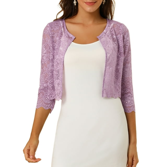 INSPIRE CHIC Women's Open Front 3/4 Sleeve Sheer Floral Lace Cropped ...