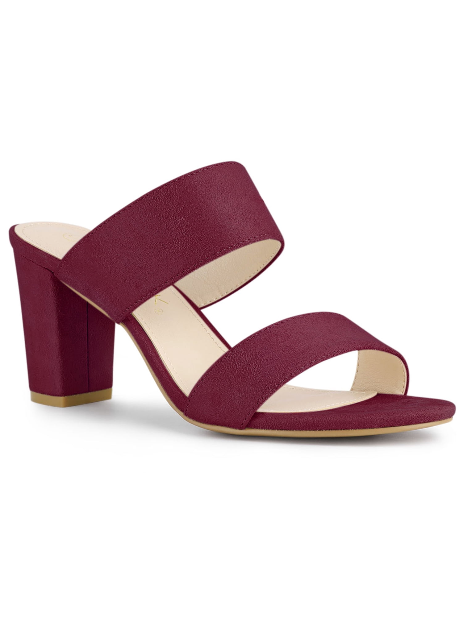 BLISSFUL STEP Women's Open Toe Chunky High Heel Slide Sandals Burgundy ...