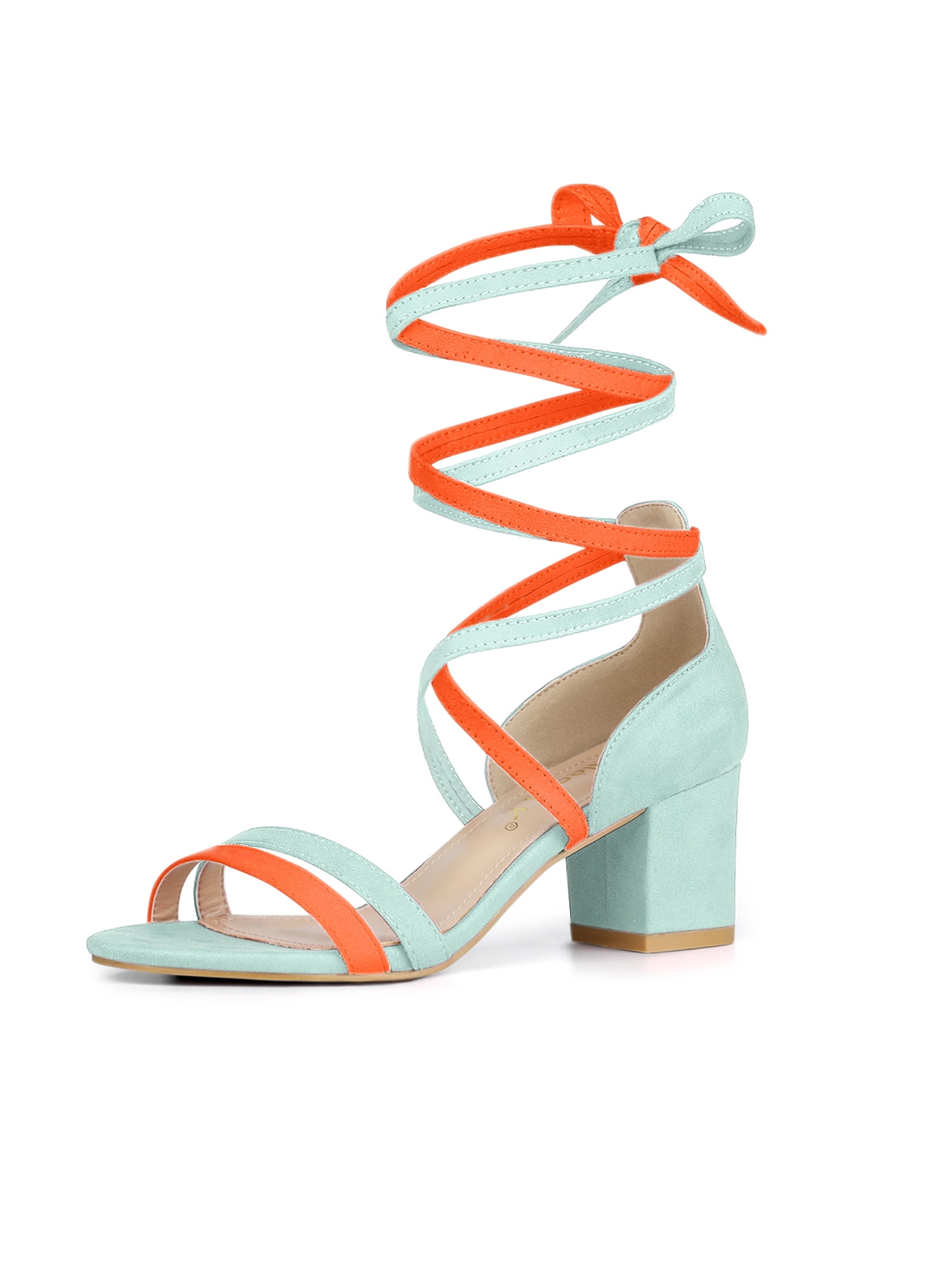 BLISSFUL STEP Women's Open Toe Color Block Lace Up Heel Sandals Cyan ...