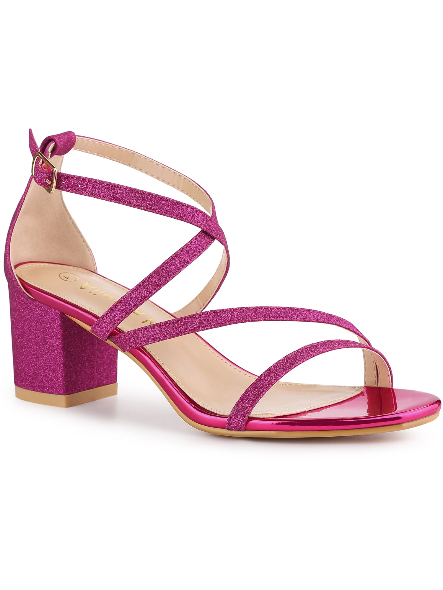 Allegra K Women's Open Toe Sandal Glitter Crisscross Strap Chunky Heel ...