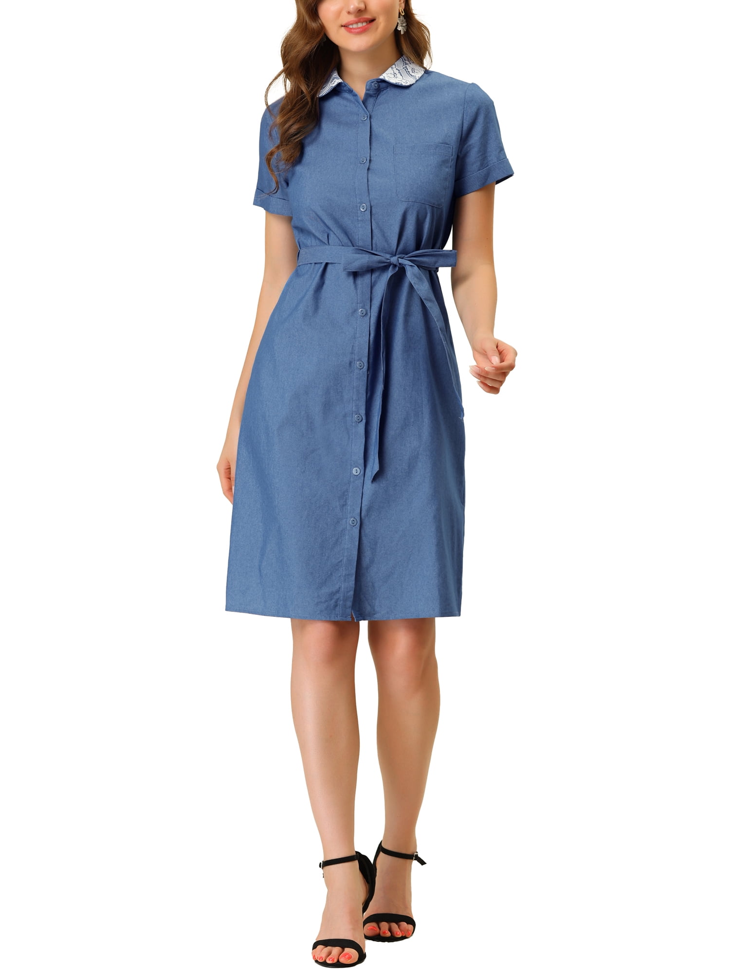 Allegra K Women's Pan Collar Button Down Belted Short Sleeve Denim ...