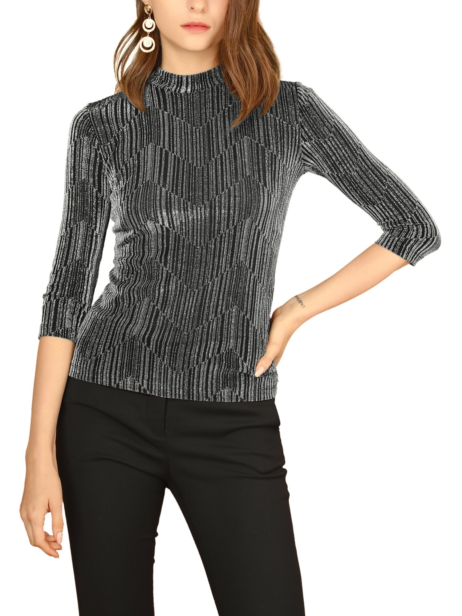 INSPIRE CHIC Women's Party Glitter 3/4 Sleeve Shiny Striped Metallic ...