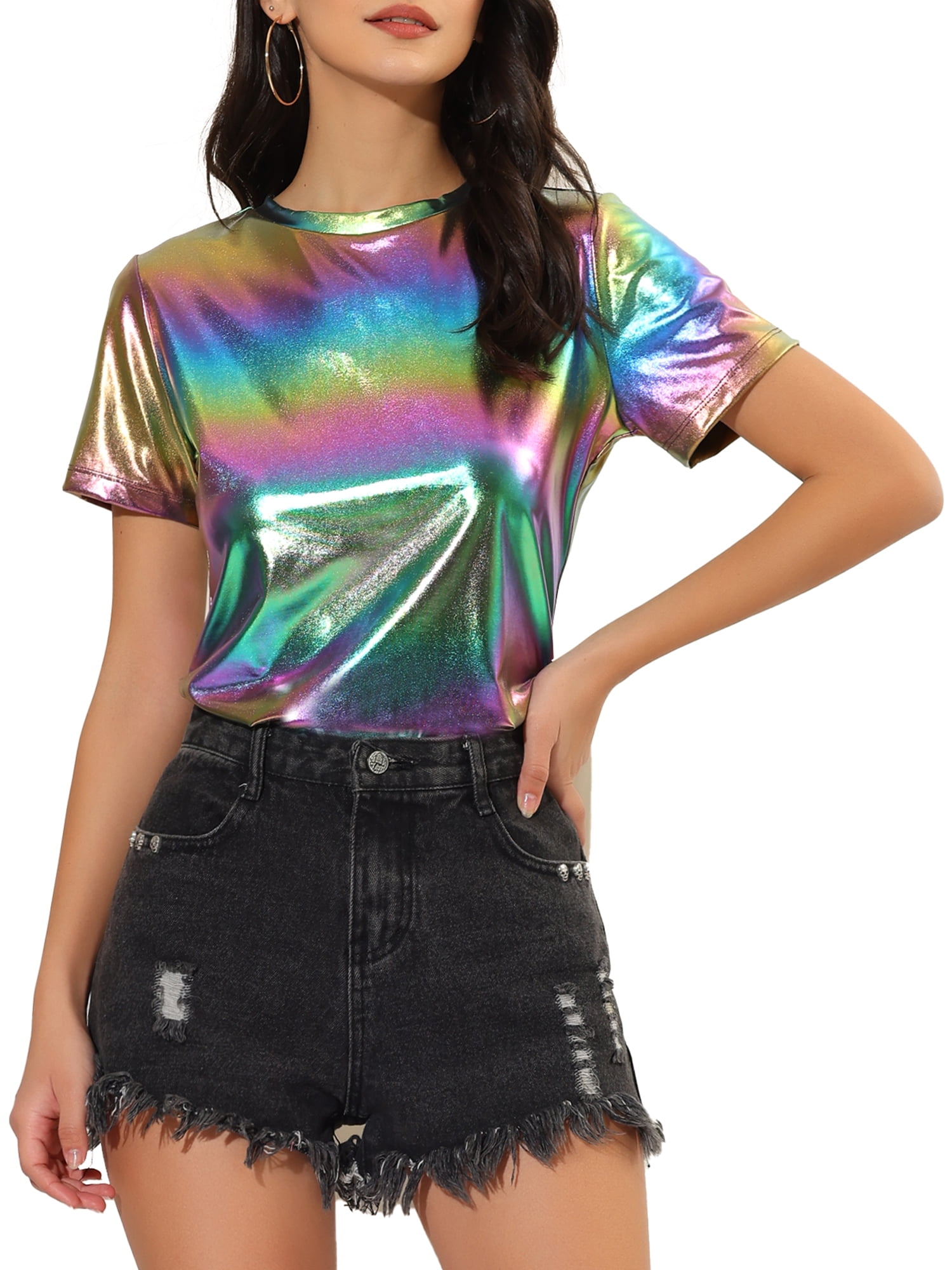 INSPIRE CHIC Women's Top Party Metallic Textured Short Sleeve Shiny ...