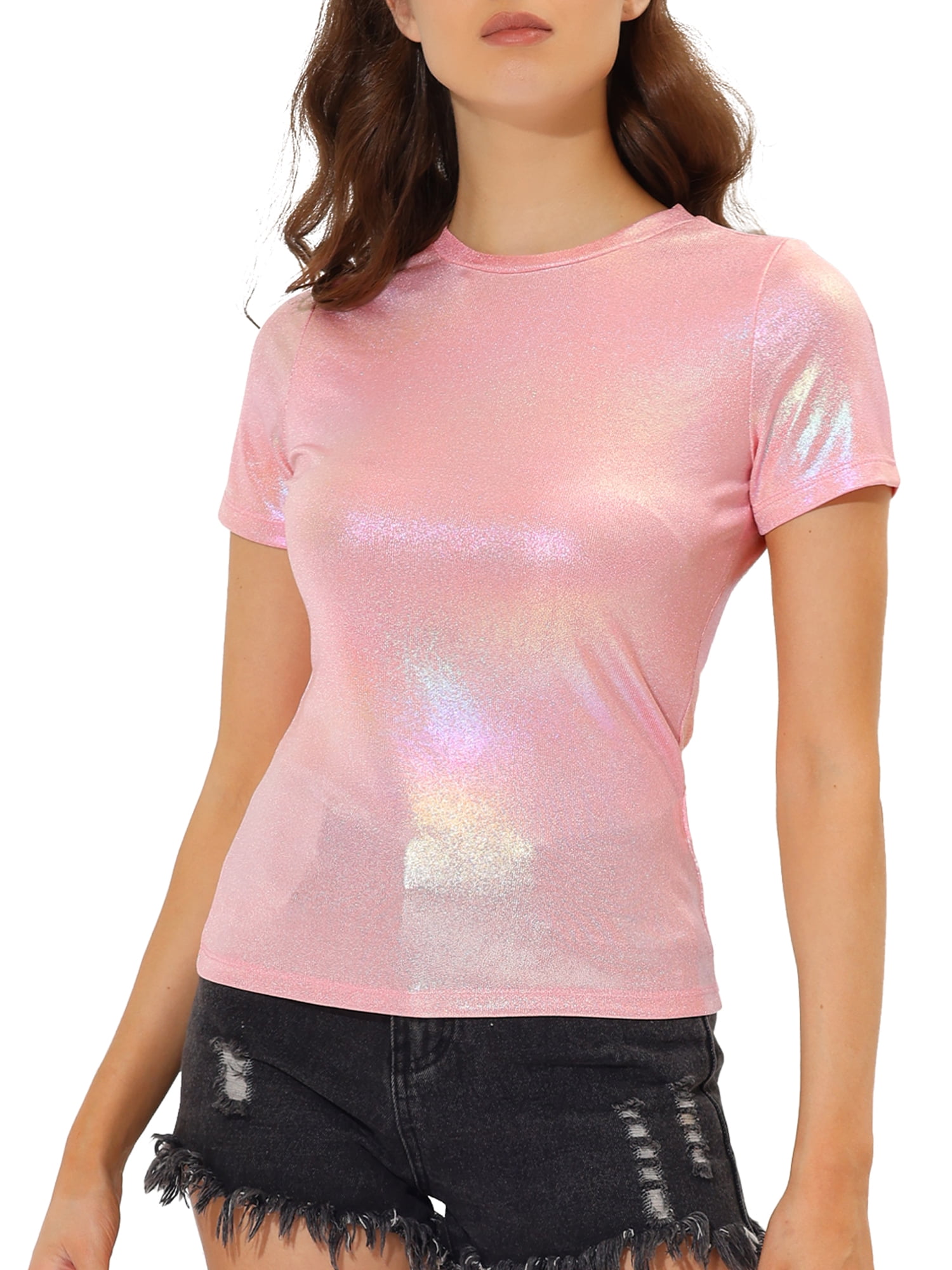 INSPIRE CHIC Women's Top Party Metallic Textured Short Sleeve Shiny ...